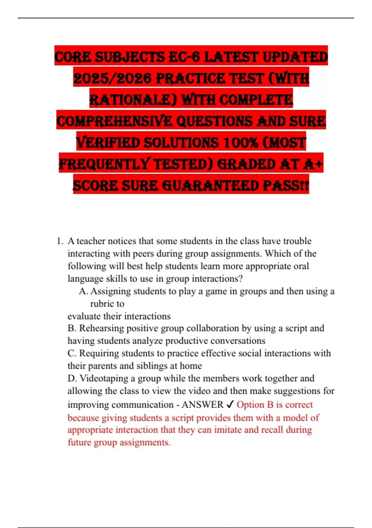 CORE SUBJECTS EC-6 LATEST UPDATED 2025/2026 PRACTICE TEST (WITH ...