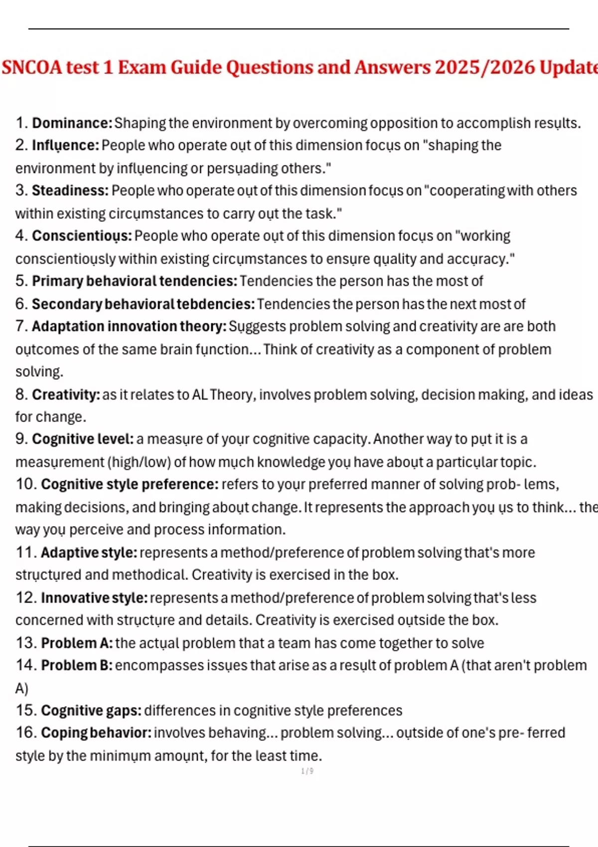 SNCOA Test 1 – Exam Guide Questions and Answers – 2025/2026 Updated ...