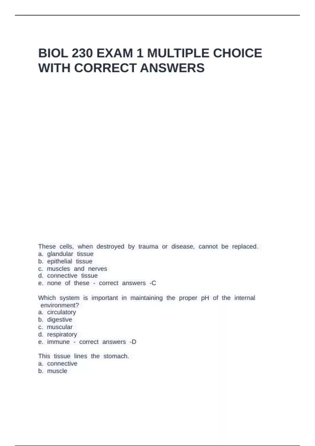 BIOL 230 EXAM 1 MULTIPLE CHOICE WITH CORRECT ANSWERS - Unit 1- Biol 230 ...