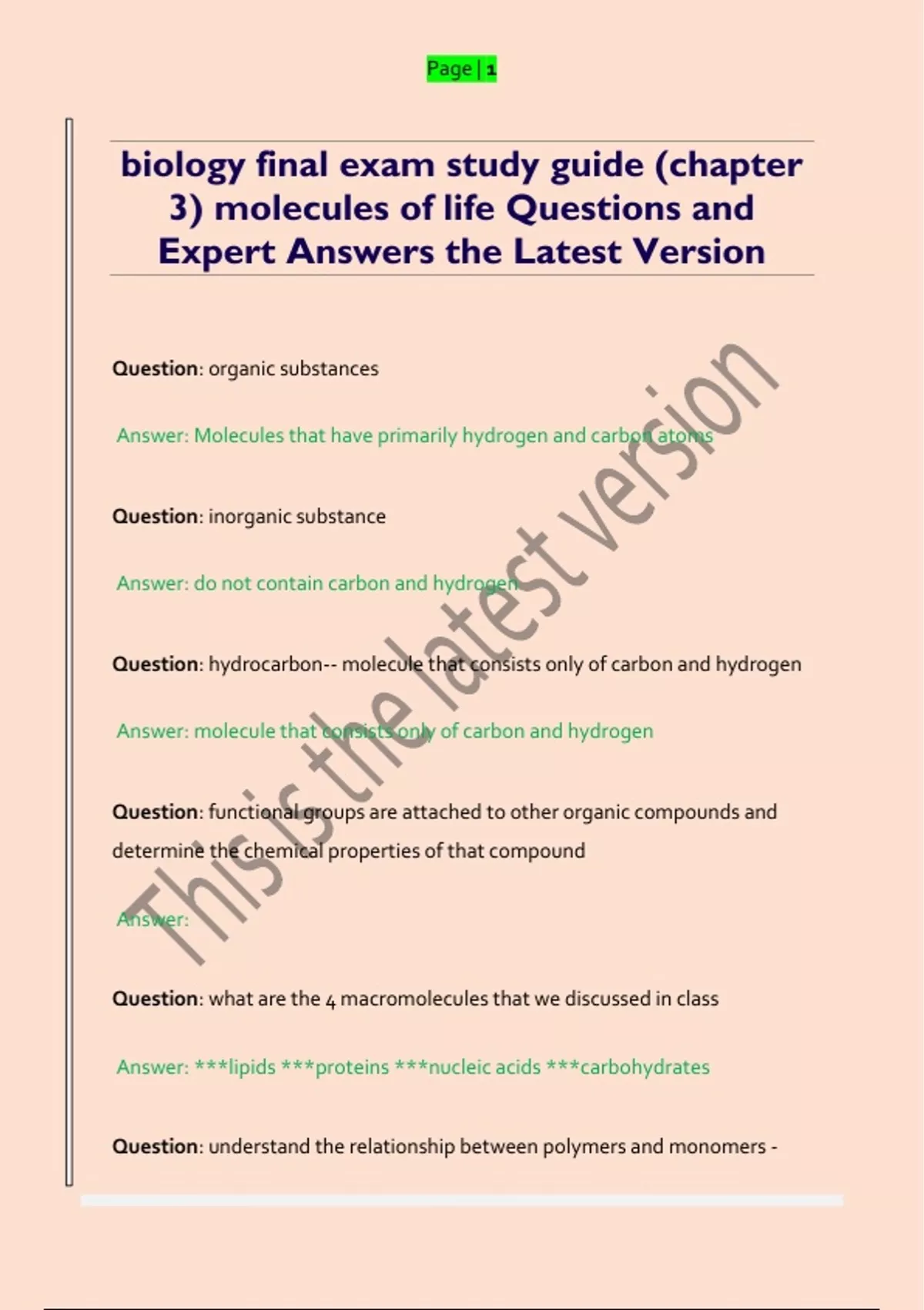 biology final exam study guide (chapter 3) molecules of life Questions and Expert Answers the ...
