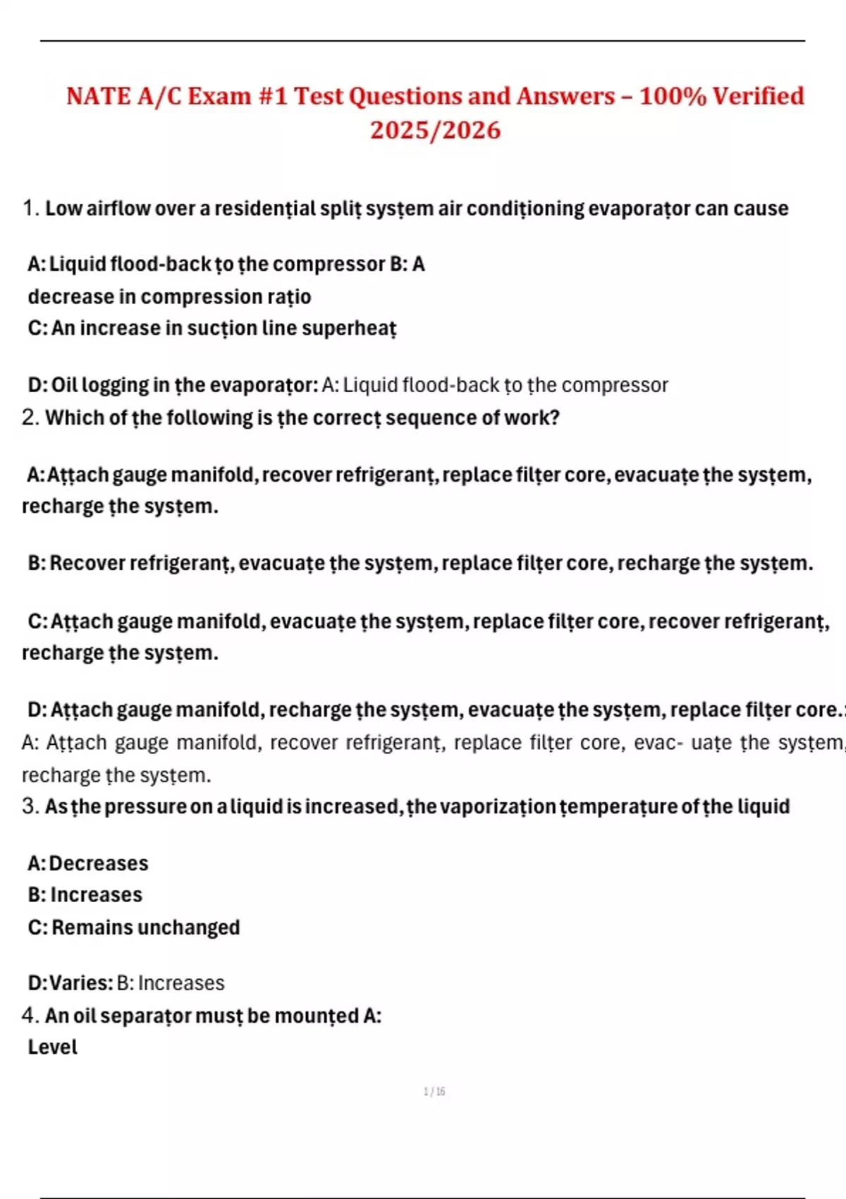 NATE A/C Exam #1 – Test Questions and Answers – 100% Verified – 2025/ ...