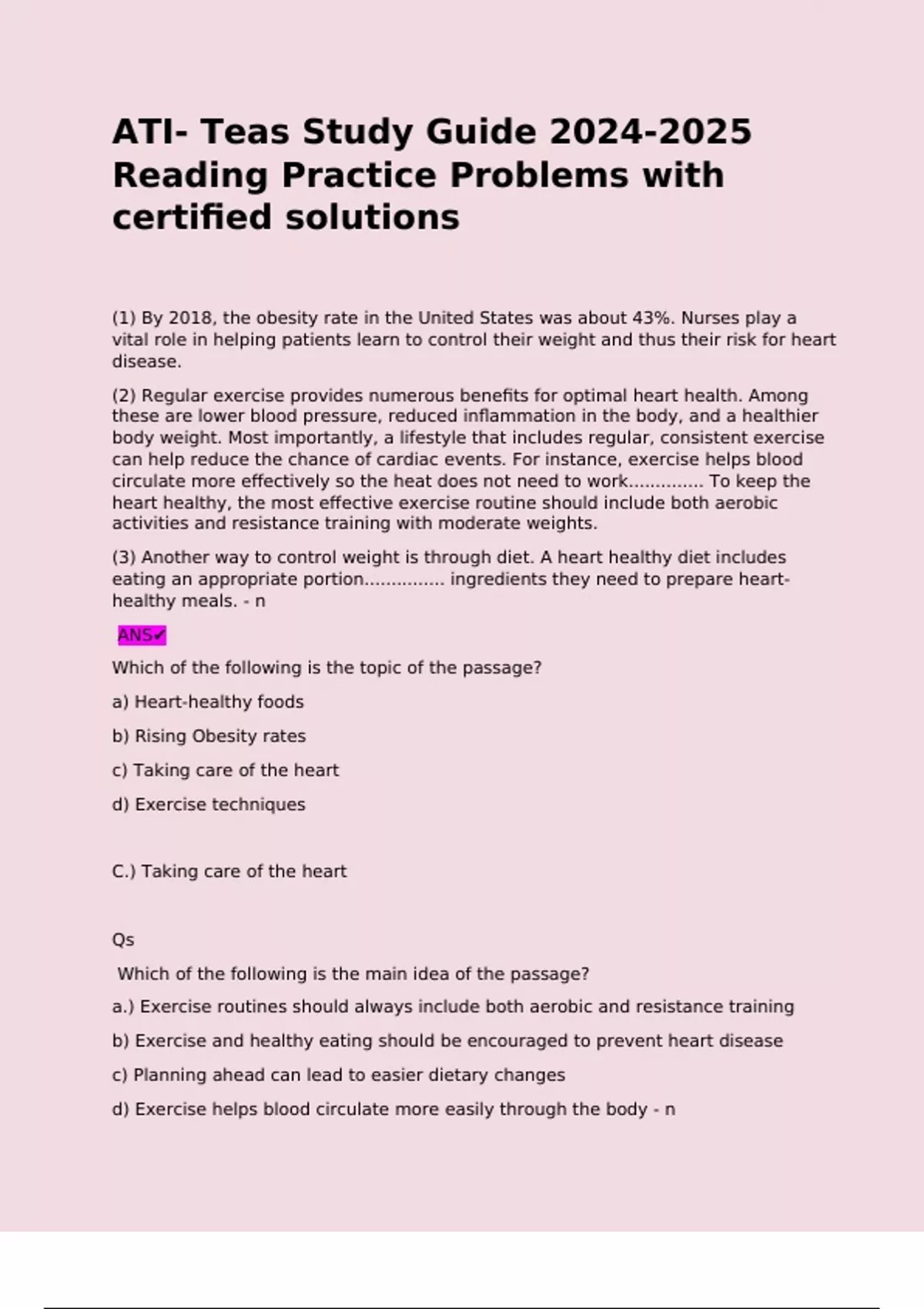 ATI- Teas Study Guide Reading Practice Problems with certified ...