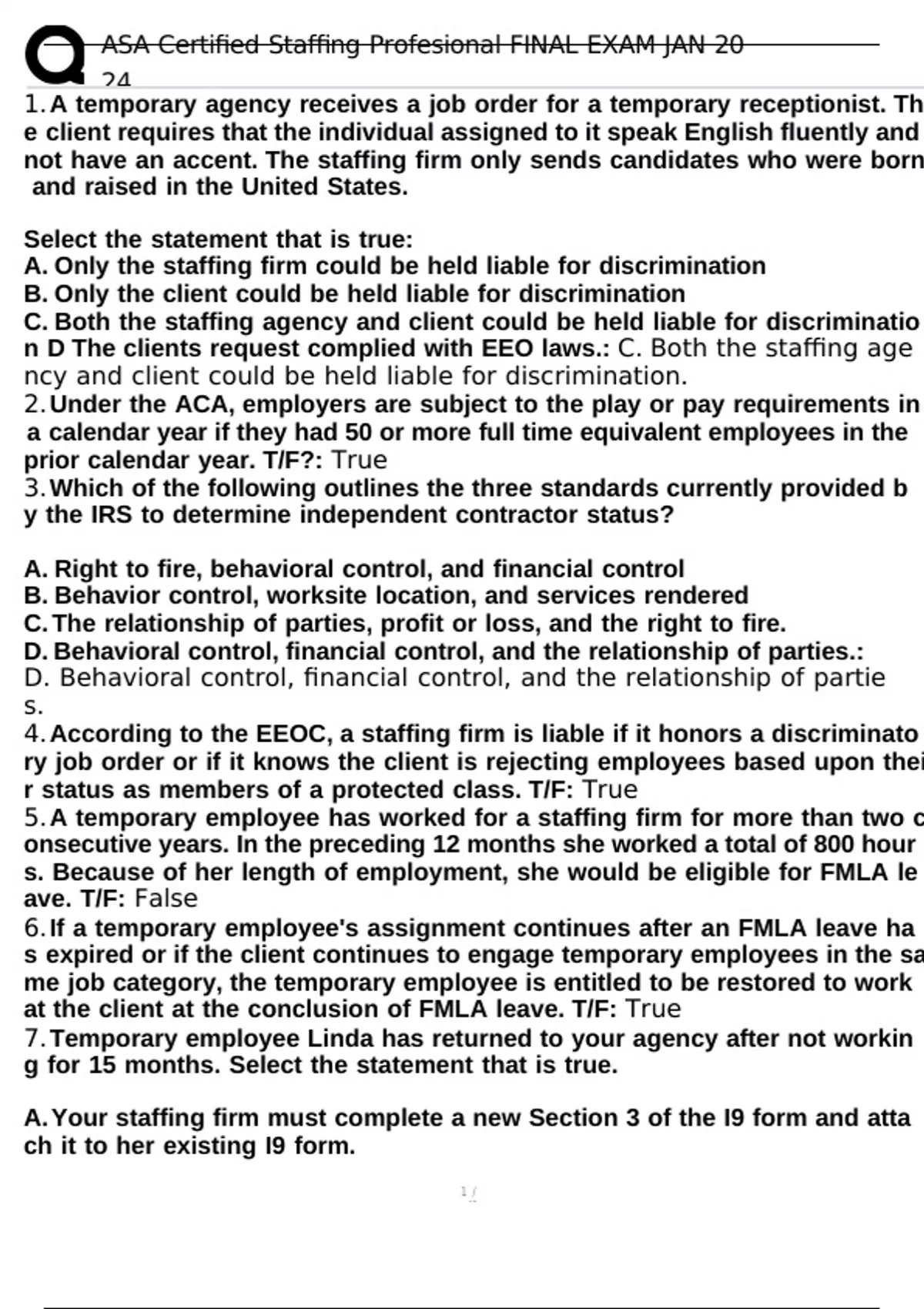 ASA Certifed Stafng Profesional FINAL EXAM JAN 2024 - ASA - Stuvia US