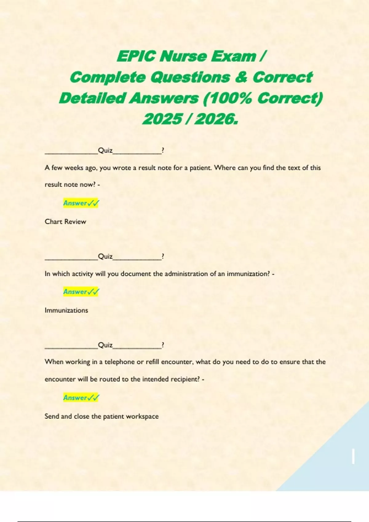 EPIC Nurse Exam / Complete Questions & Correct Detailed Answers (100% ...