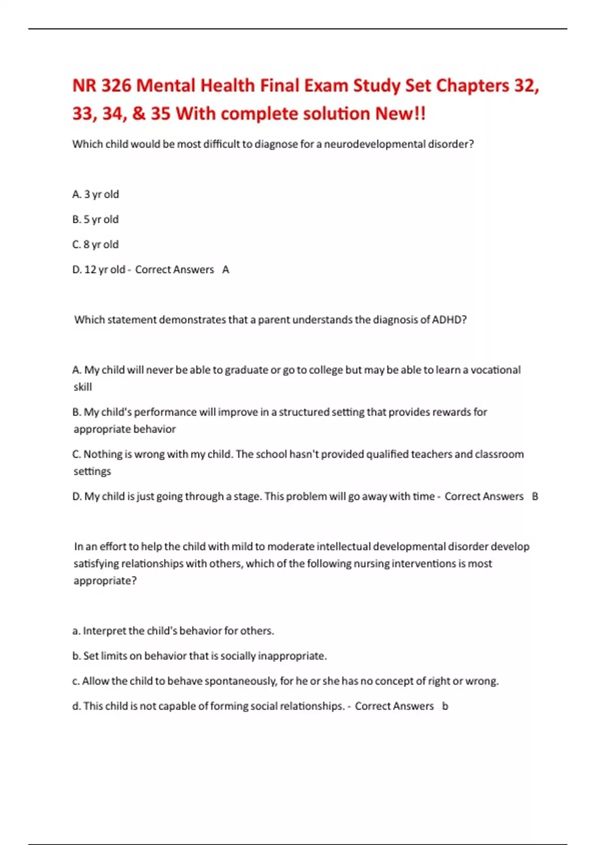 NR 326 Mental Health Final Exam Study Set Chapters 32, 33, 34, & 35 With complete solution New ...