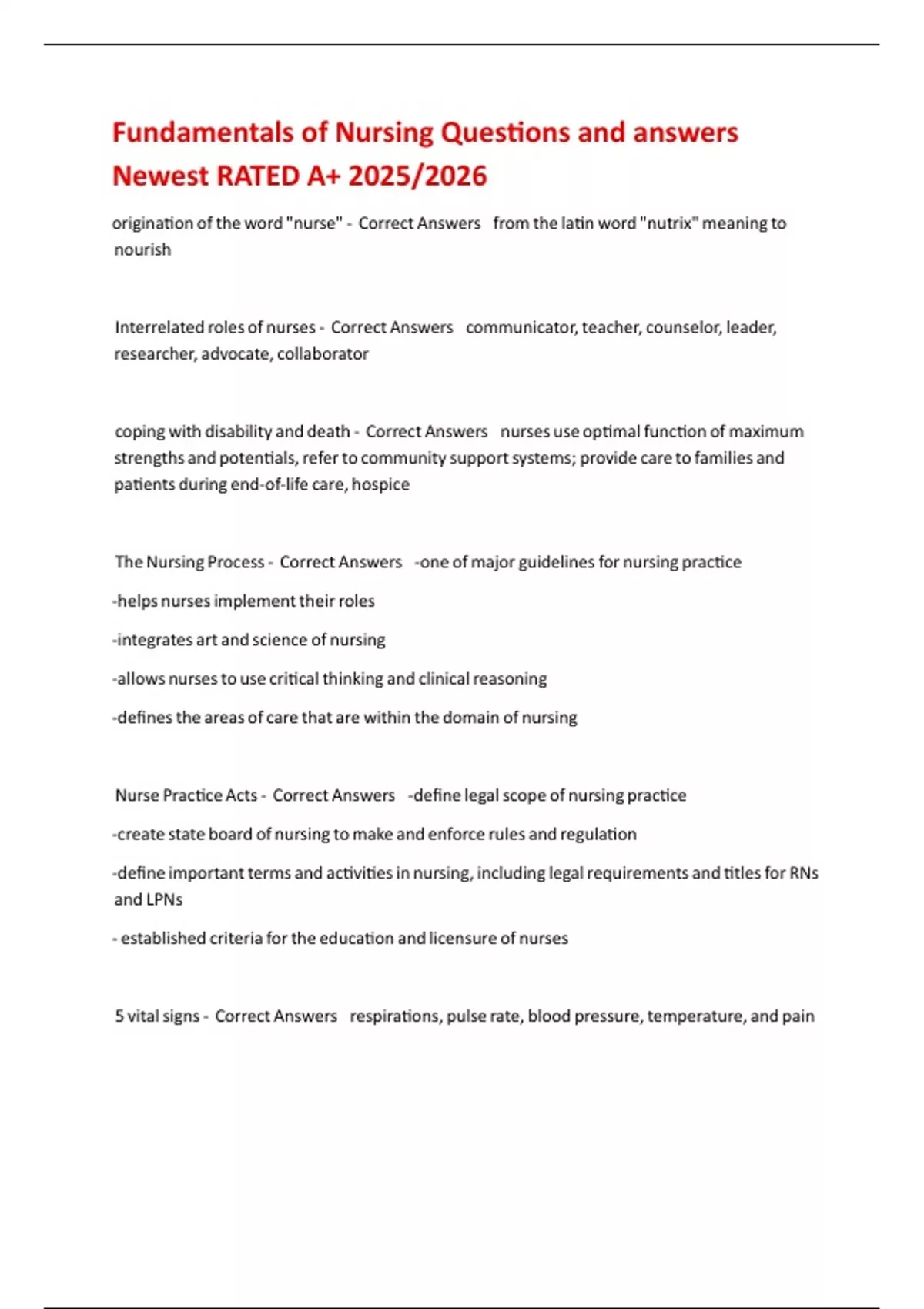 Fundamentals of Nursing Questions and answers Newest RATED A+ 2025/2026 ...