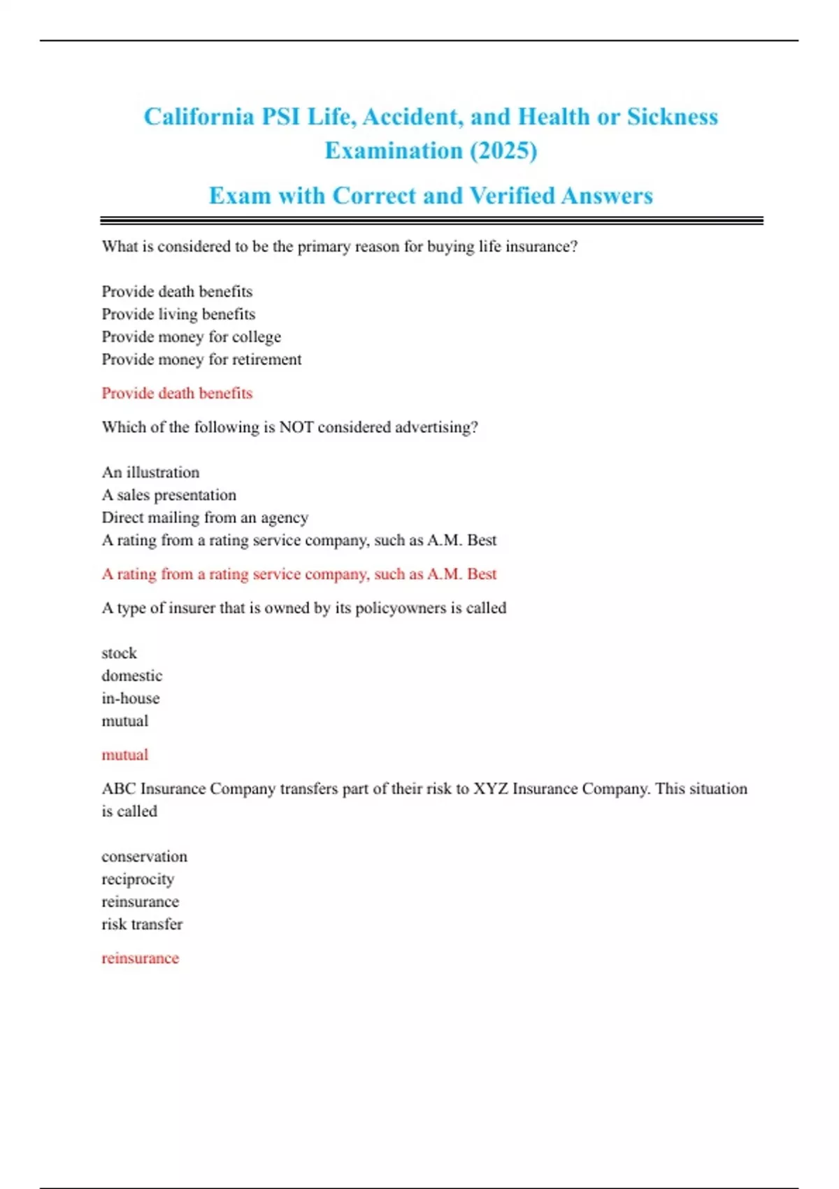 California PSI Life, Accident, and Health or Sickness Examination (2025 ...