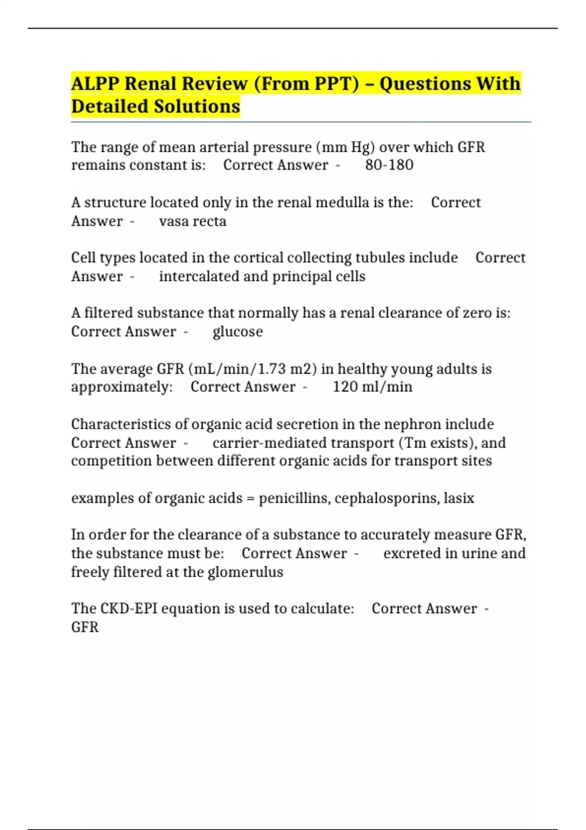 ALPP Renal Review (From PPT) – Questions With Detailed Solutions - ALPP - Stuvia US