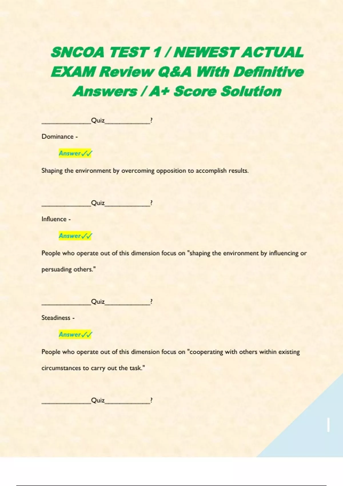 SNCOA TEST 1 / NEWEST ACTUAL EXAM Review Q&A With Definitive Answers ...