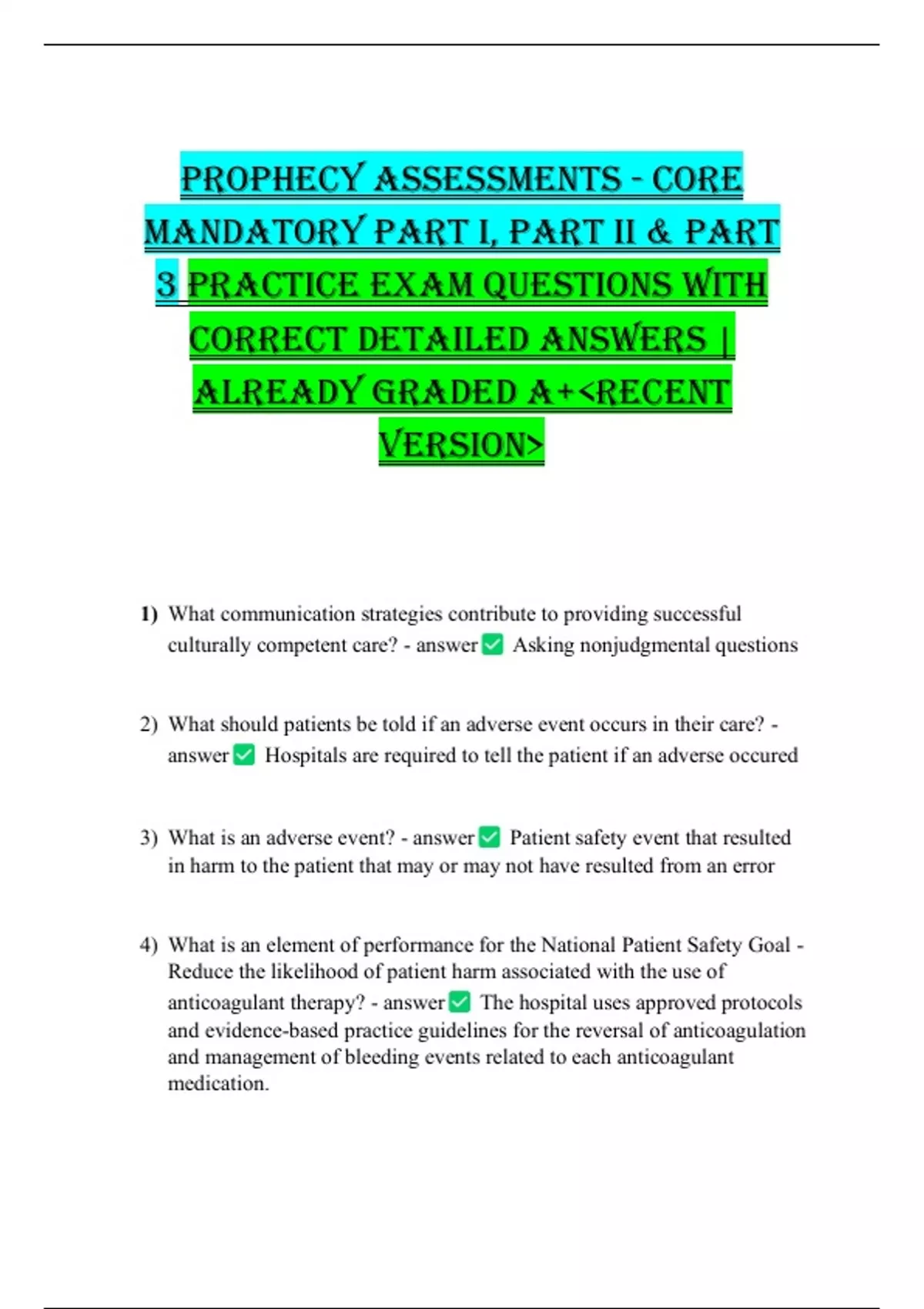 PROPHECY ASSESSMENTS - CORE MANDATORY PART I, PART II & PART 3 PRACTICE ...
