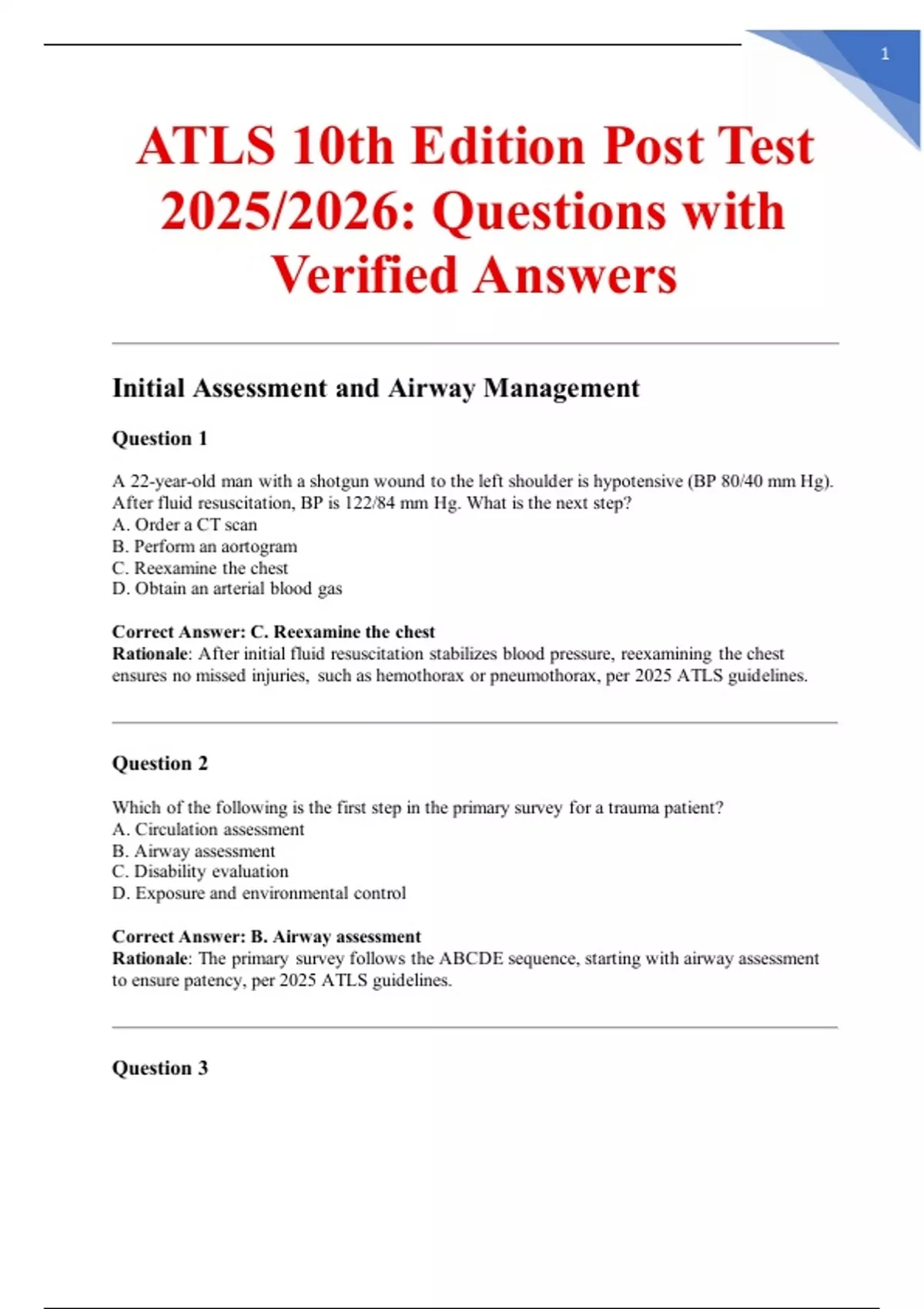 ATLS 10th Edition Post Test 2025/2026: Questions with Verified Answers ...