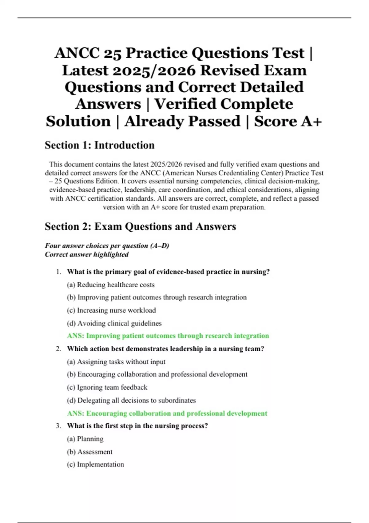 ANCC 25 Practice Questions Test – Latest 2025/2026 Revised Exam ...