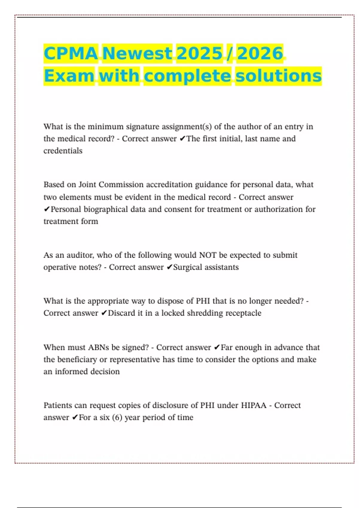 CPMA Newest Exam with complete solutions - CPMA - Stuvia US