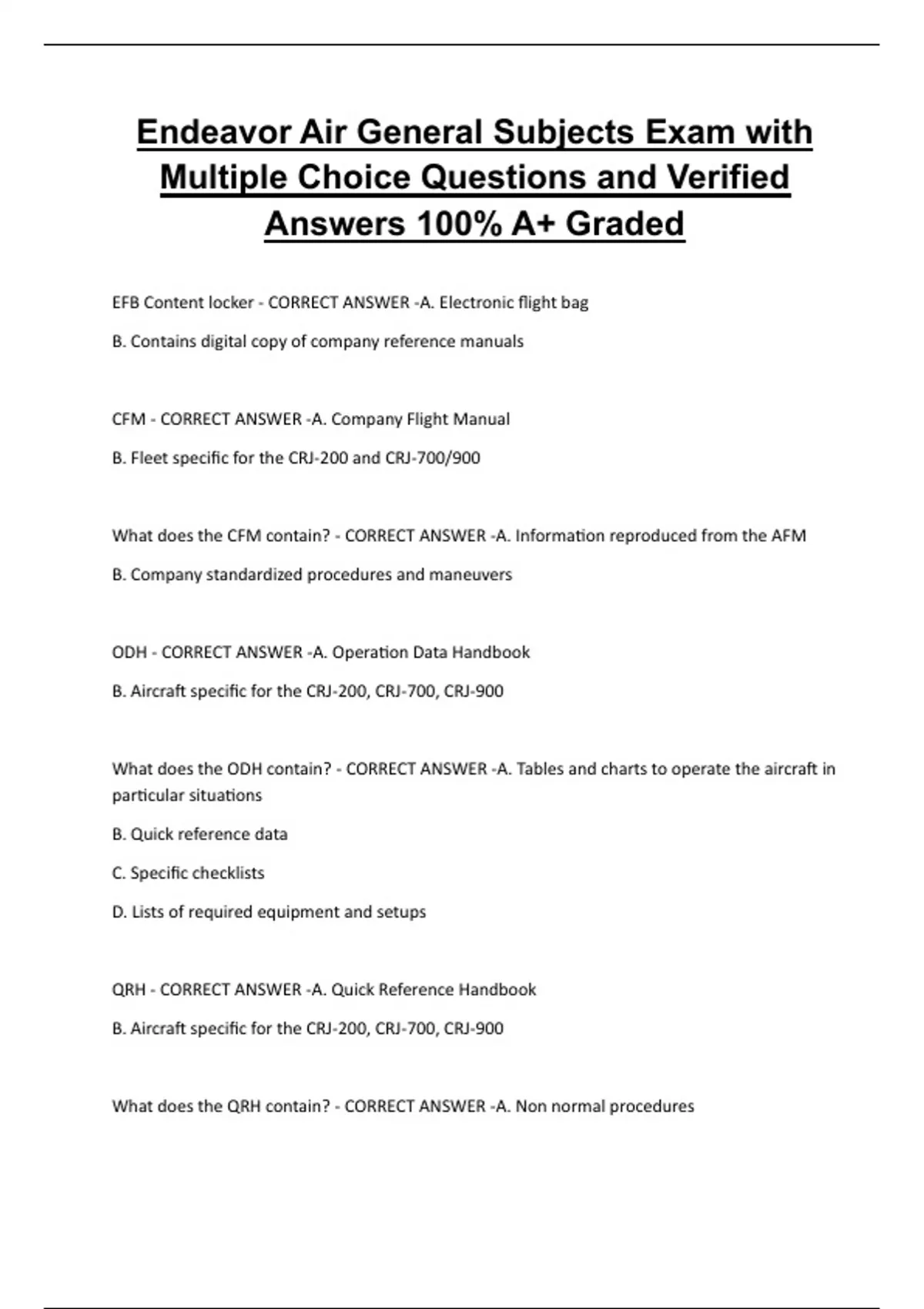 Endeavor Air General Subjects Exam with Multiple Choice Questions and ...