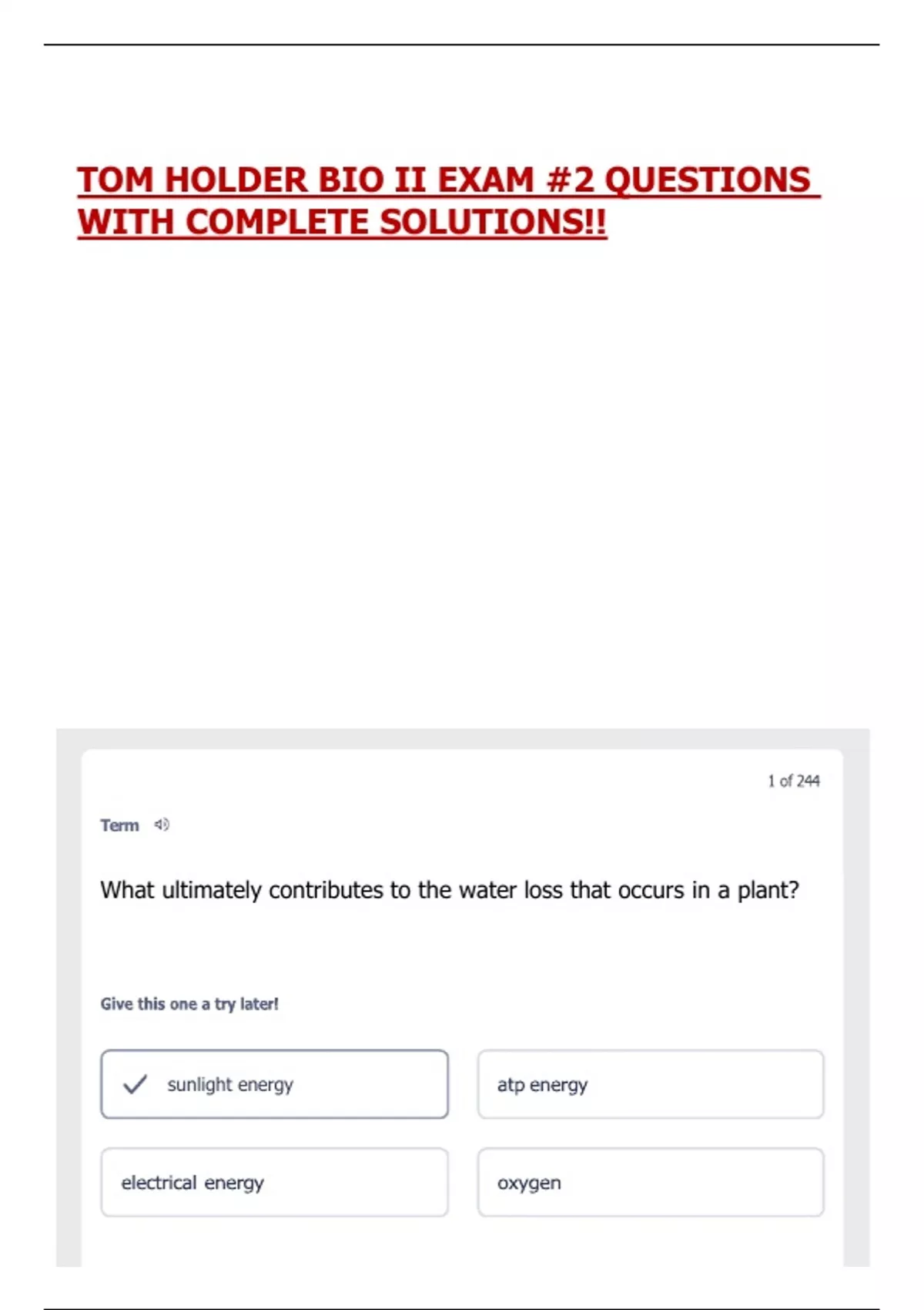 TOM HOLDER BIO II EXAM #2 QUESTIONS WITH COMPLETE SOLUTIONS!! - BIO II ...