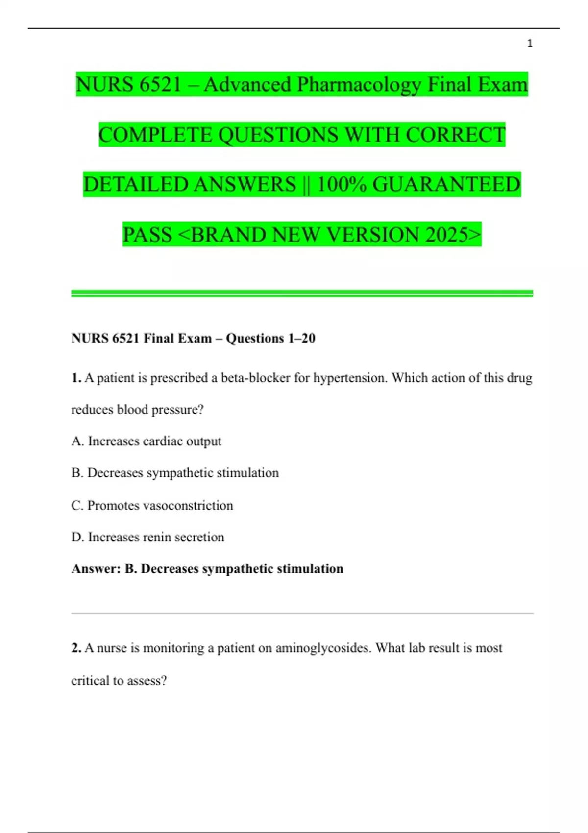 NURS 6521 – Advanced Pharmacology Final Exam COMPLETE QUESTIONS WITH ...