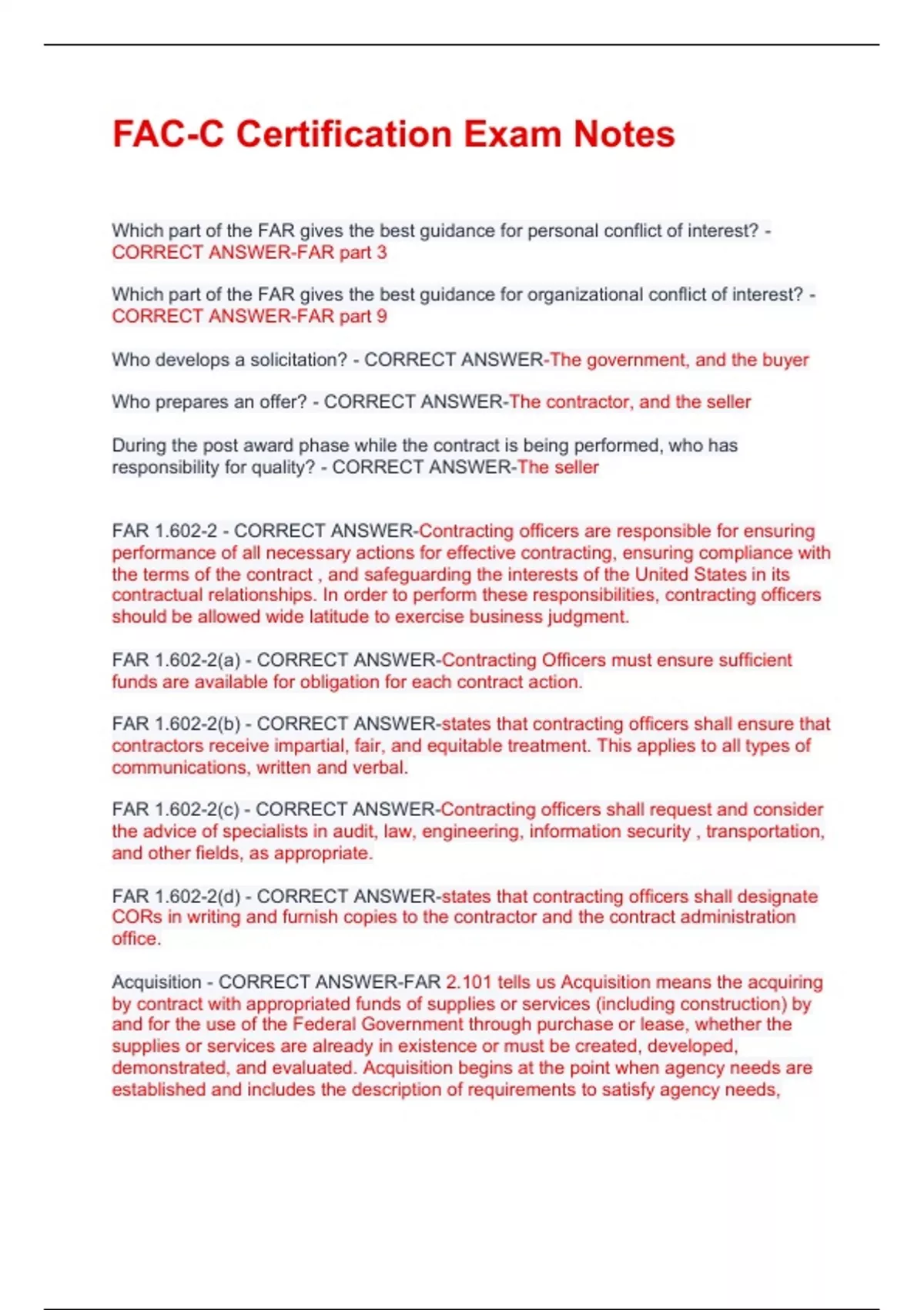 FAC-C Certification Exam Notes Questions and Answers Best rated A+ ...