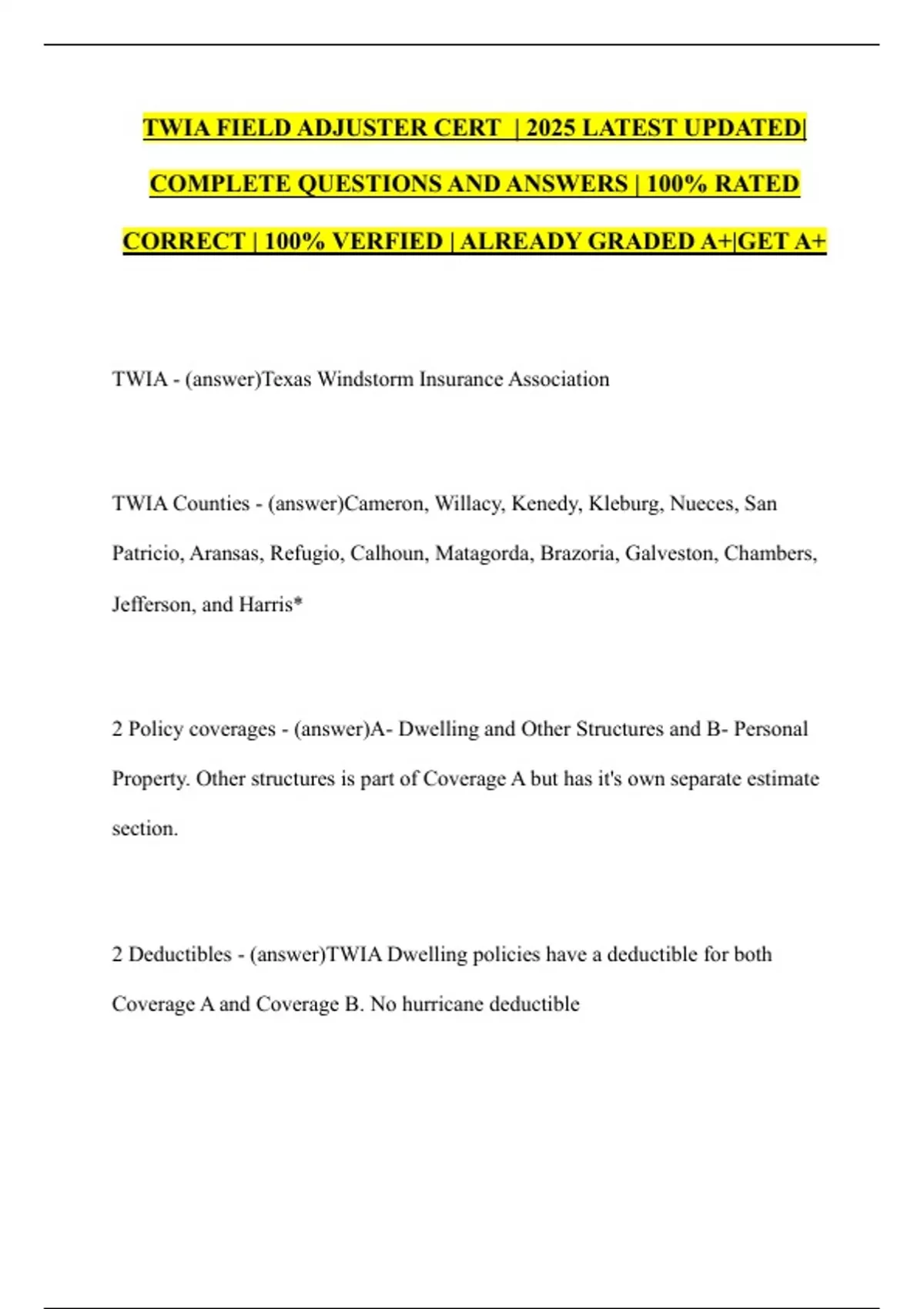TWIA FIELD ADJUSTER CERT | 2025 LATEST UPDATED| COMPLETE QUESTIONS AND ...