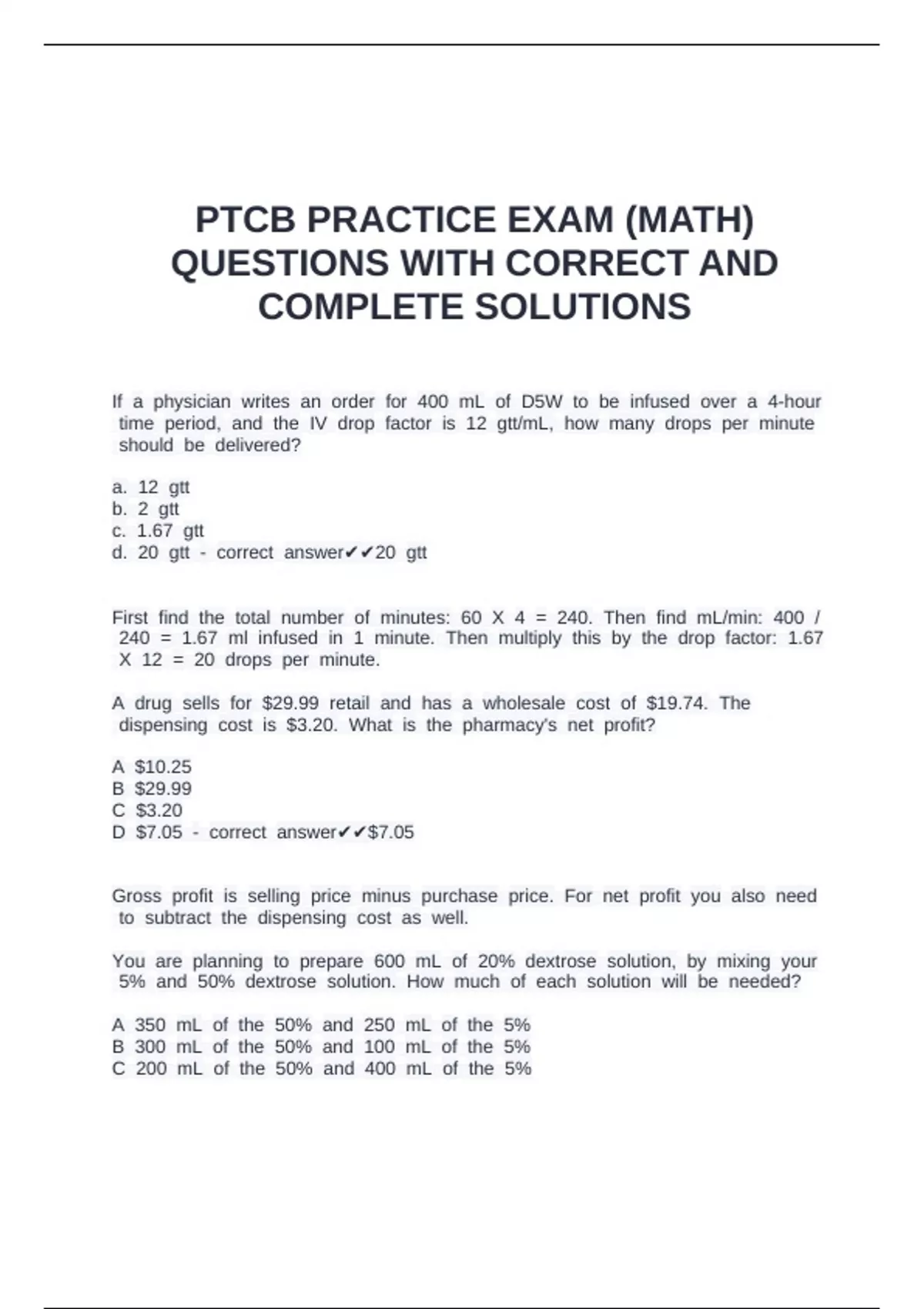 PTCB PRACTICE EXAM (MATH) QUESTIONS WITH CORRECT AND COMPLETE SOLUTIONS ...