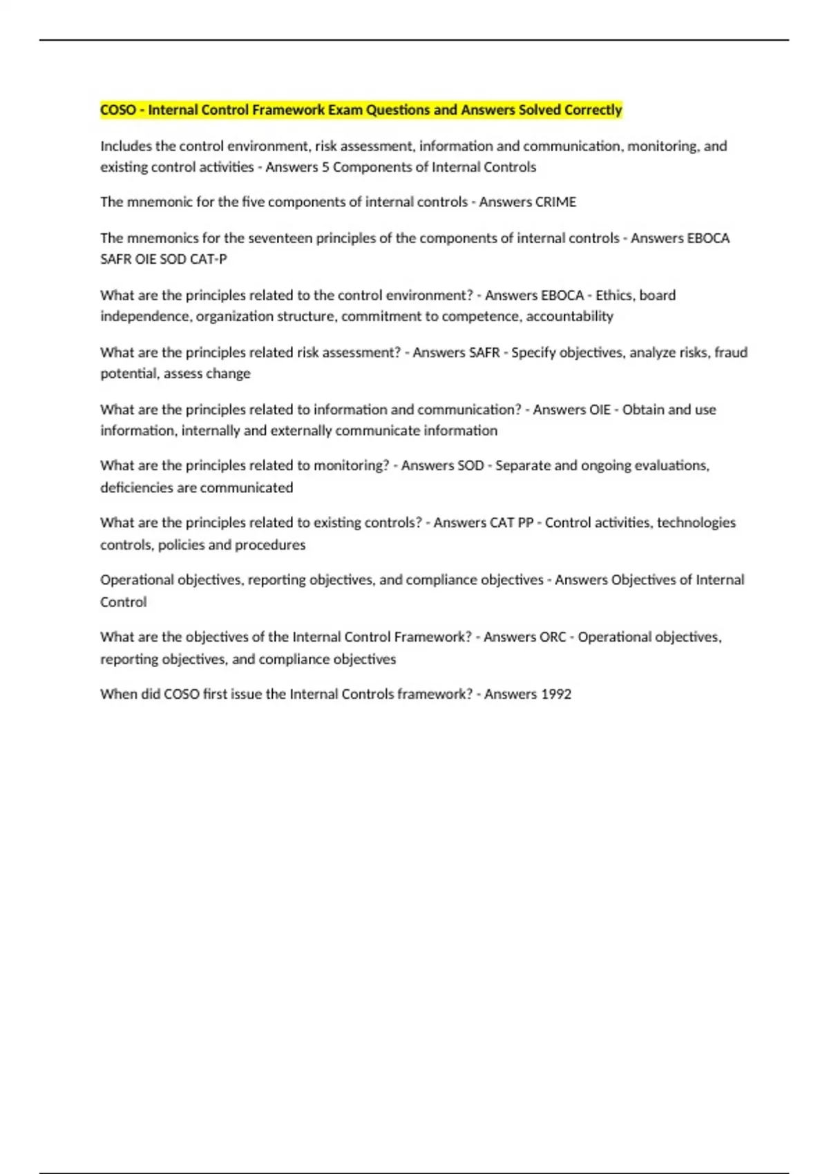 COSO - Internal Control Framework Exam Questions and Answers Solved ...