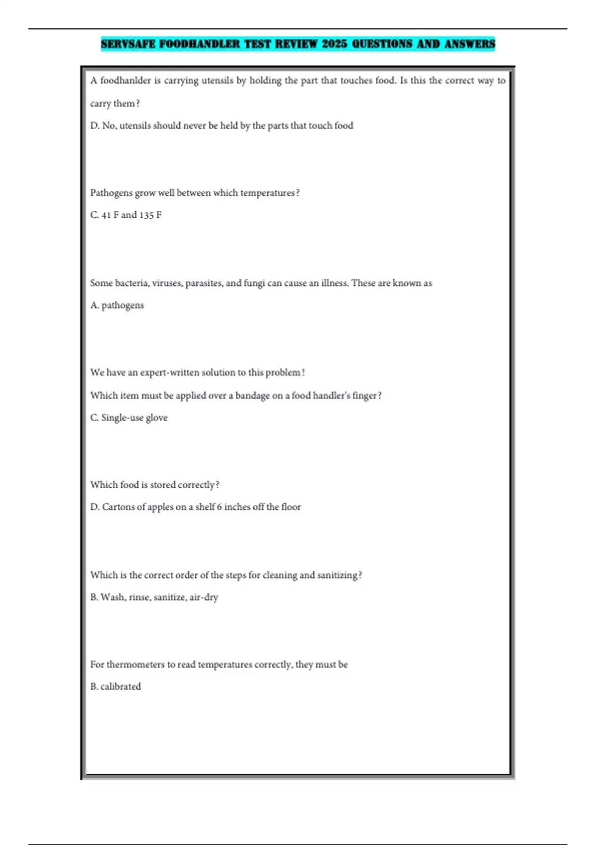 SERVSAFE FOODHANDLER FINAL TEST REVIEW 2025 QUESTIONS AND ANSWERS ...