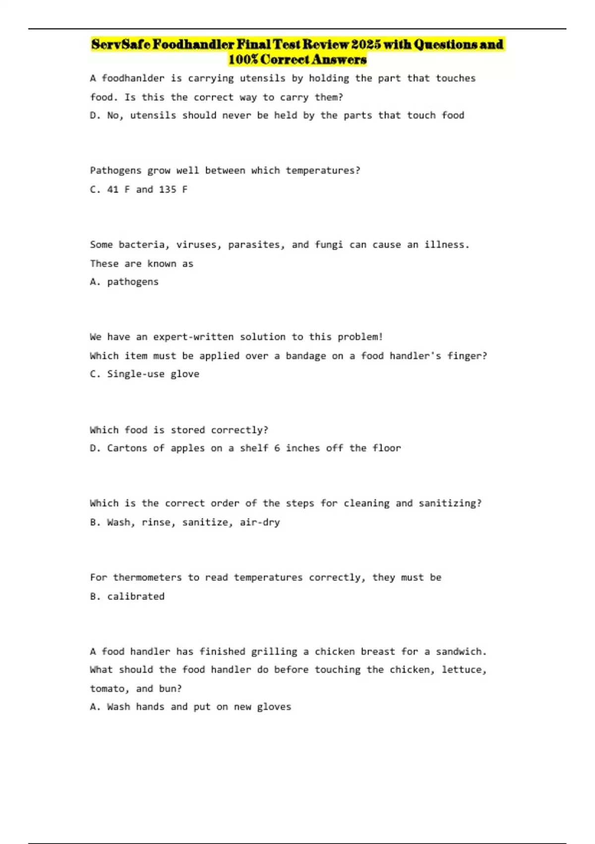 ServSafe Foodhandler Final Test Review 2025 with Questions and 100% ...
