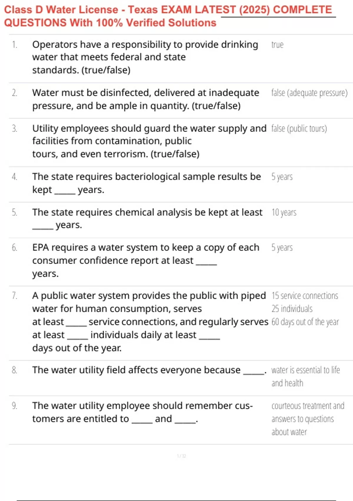 Class D Water License - Texas EXAM LATEST (2025) COMPLETE QUESTIONS ...
