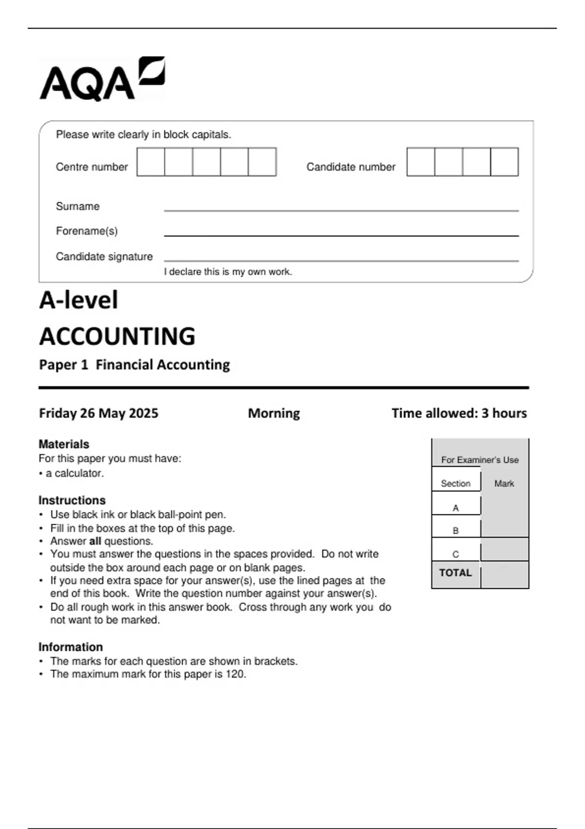 2025 AQA A-Level Accounting past paper - Advanced Accounting - Stuvia US