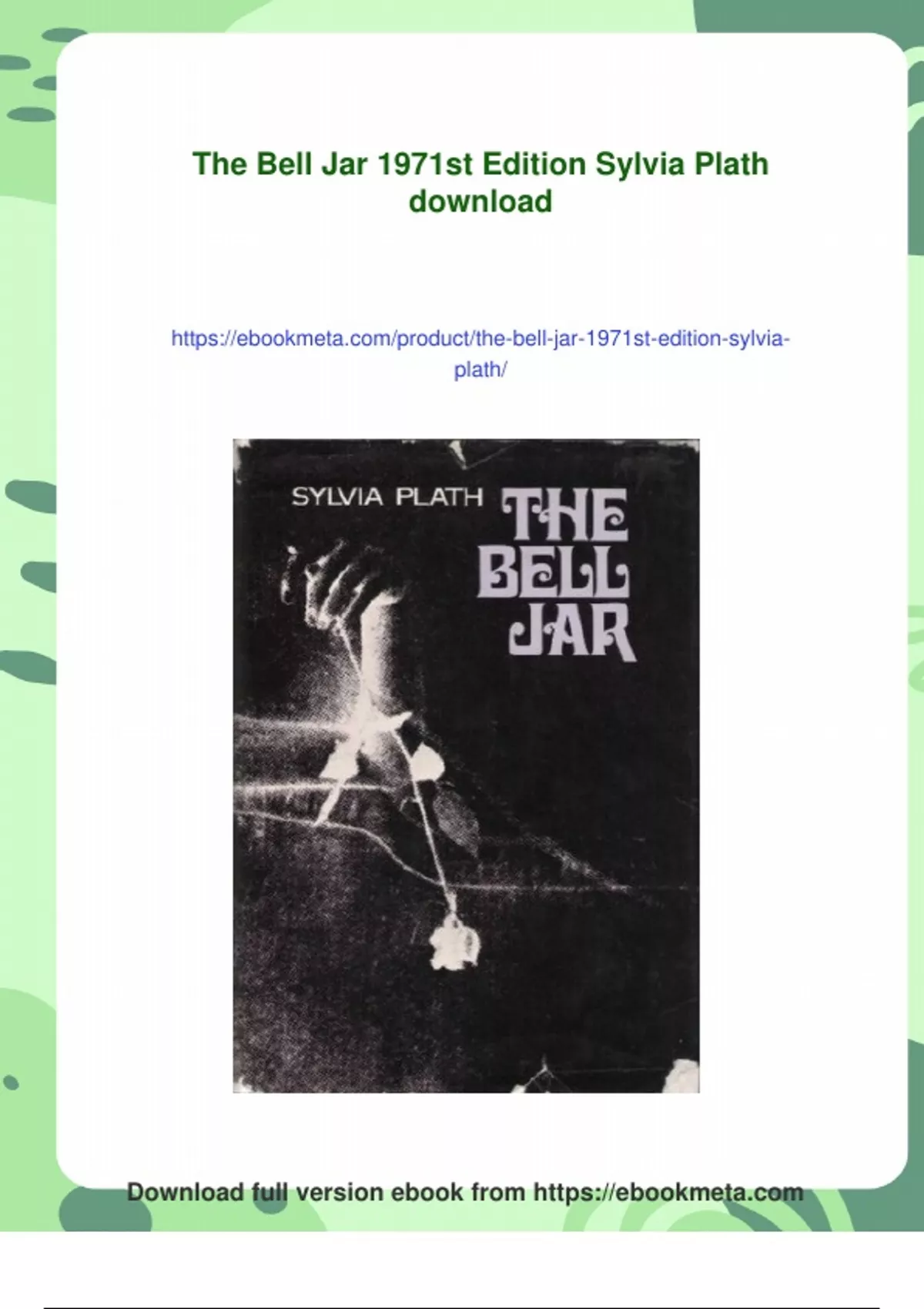 Summary The Bell Jar 1971st Edition Sylvia Plath - Instant Download ...