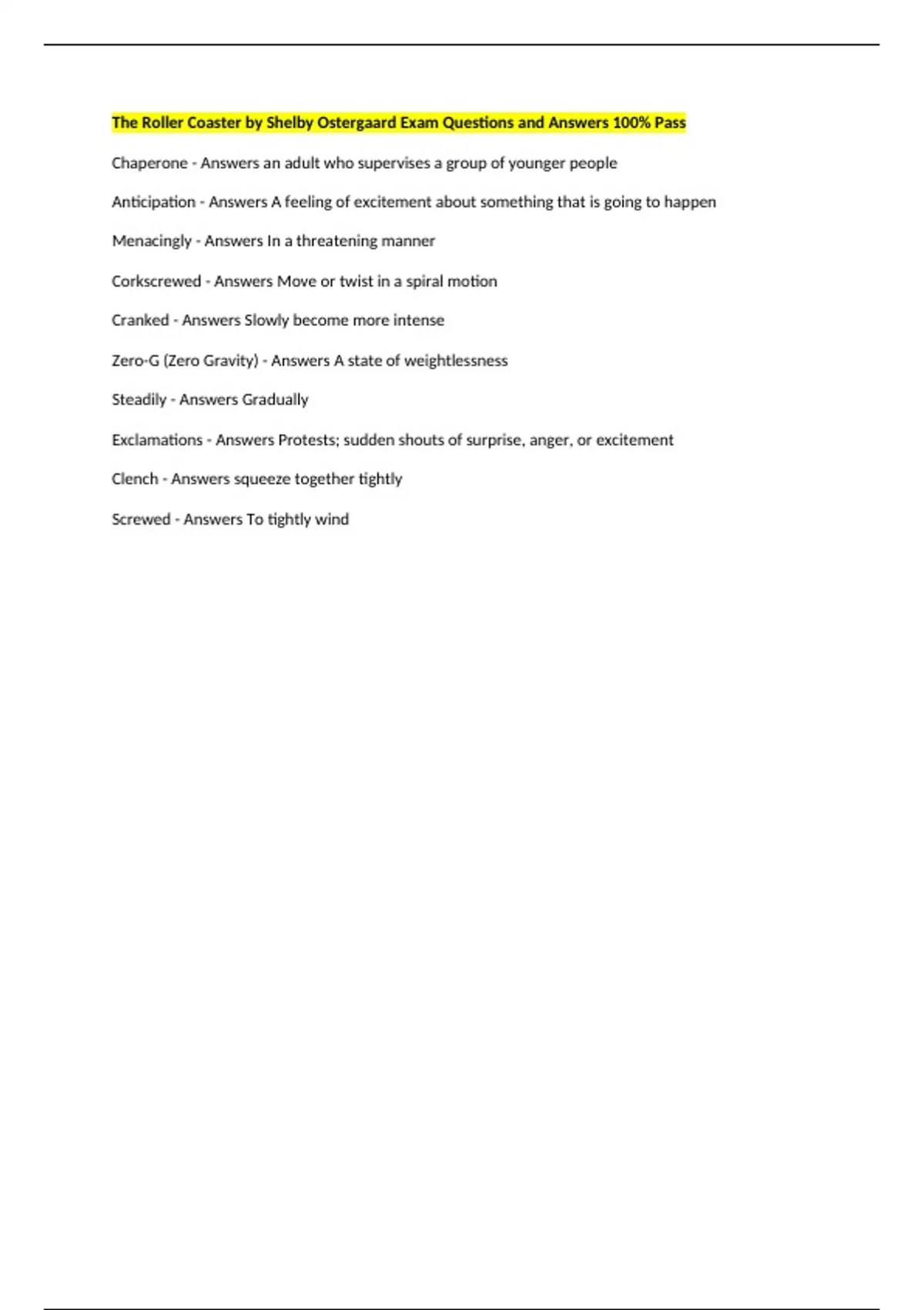 The Roller Coaster by Shelby Ostergaard Exam Questions and Answers 100% ...