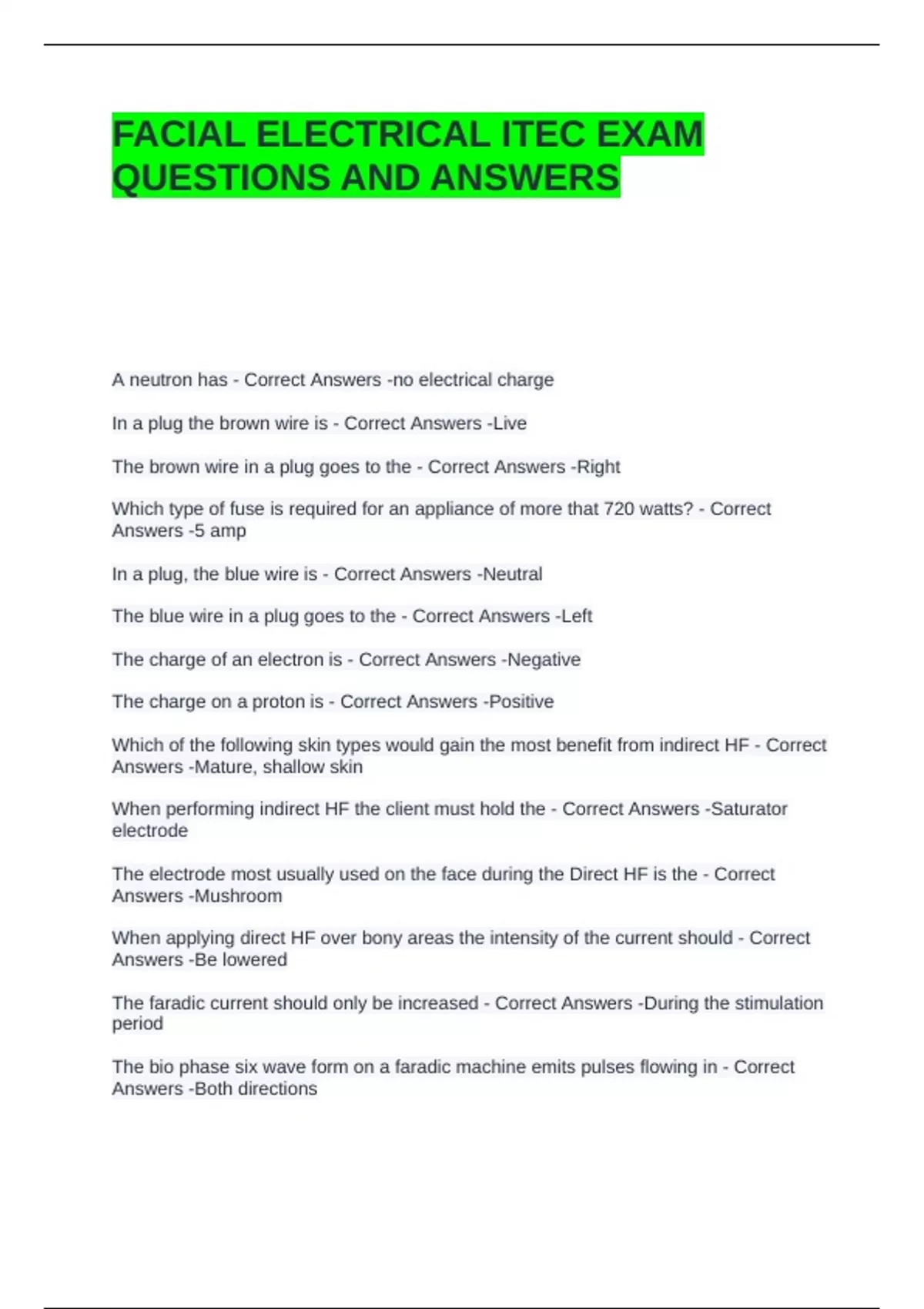 FACIAL ELECTRICAL ITEC EXAM QUESTIONS AND ANSWERS (GRADED A) - ITEC ...
