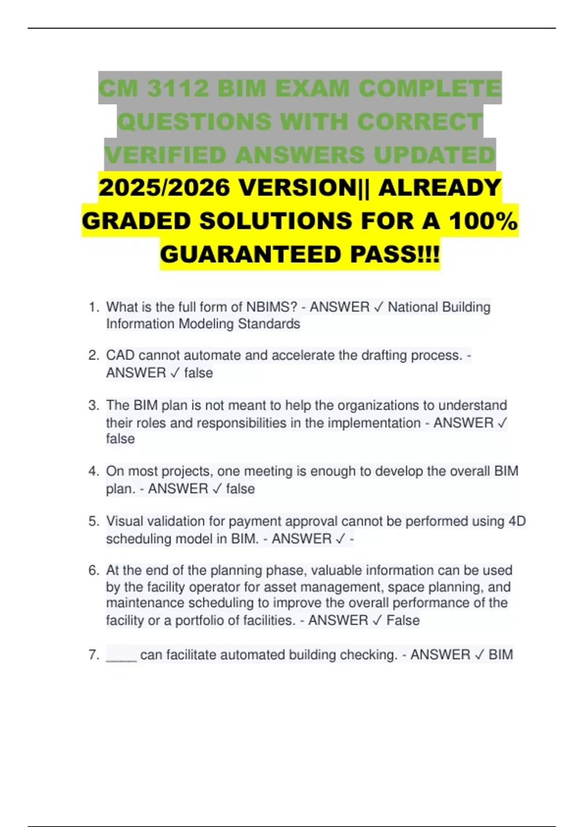 CM 3112 BIM EXAM COMPLETE QUESTIONS WITH CORRECT VERIFIED ANSWERS ...