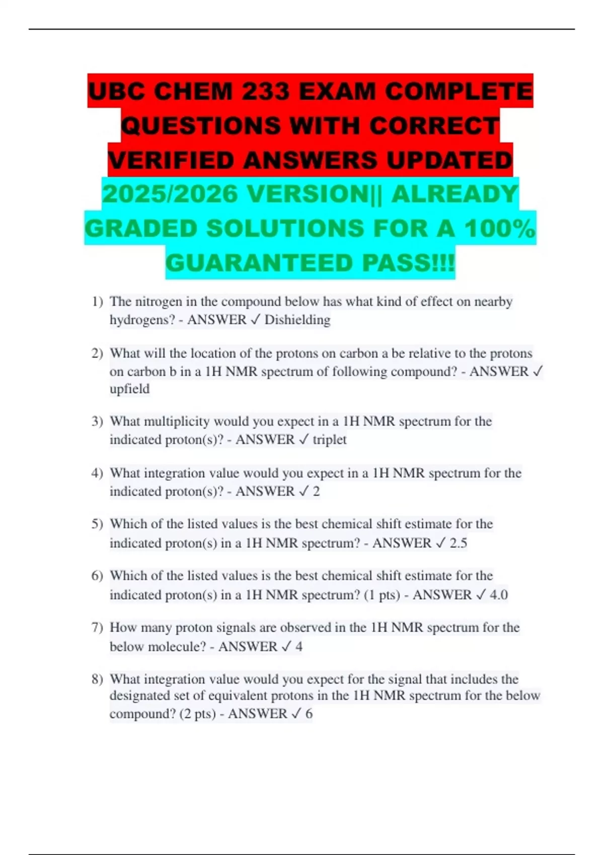 UBC CHEM 233 EXAM COMPLETE QUESTIONS WITH CORRECT VERIFIED ANSWERS ...