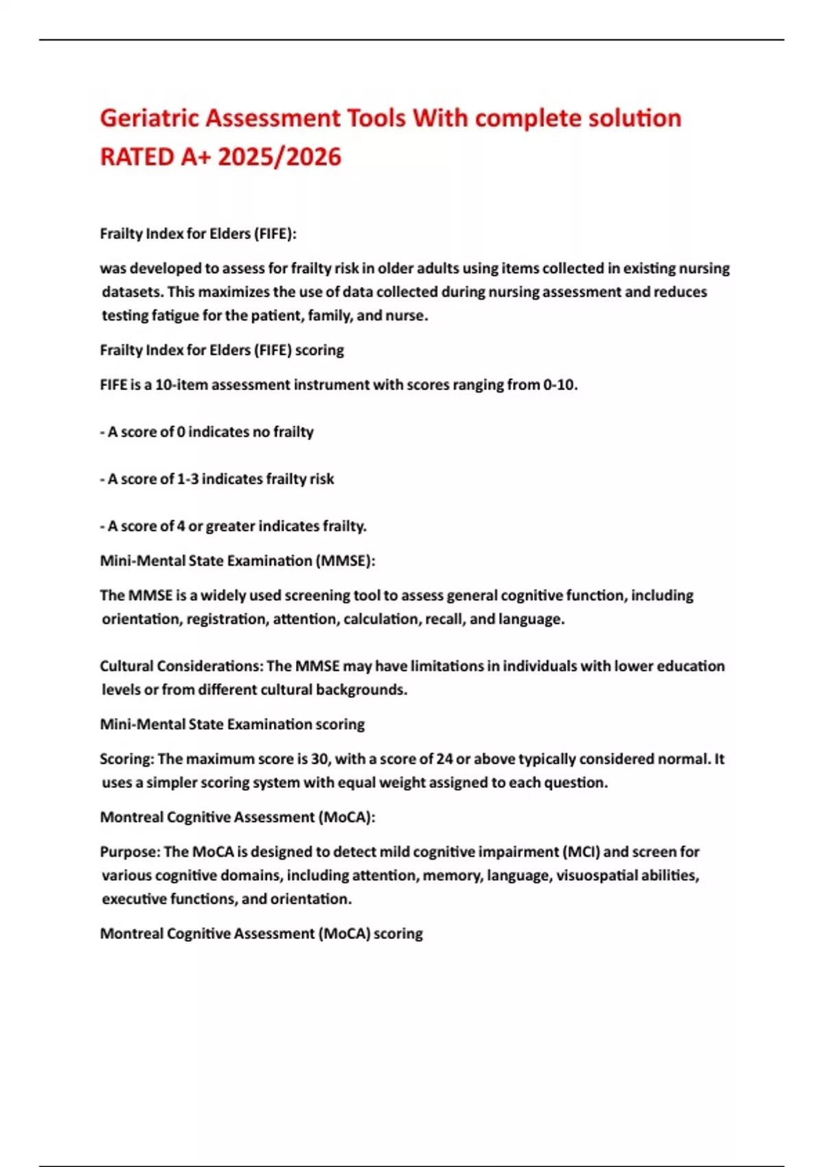 Geriatric Assessment Tools With complete solution RATED A+ 2025/2026 - Geriatric Assessment ...