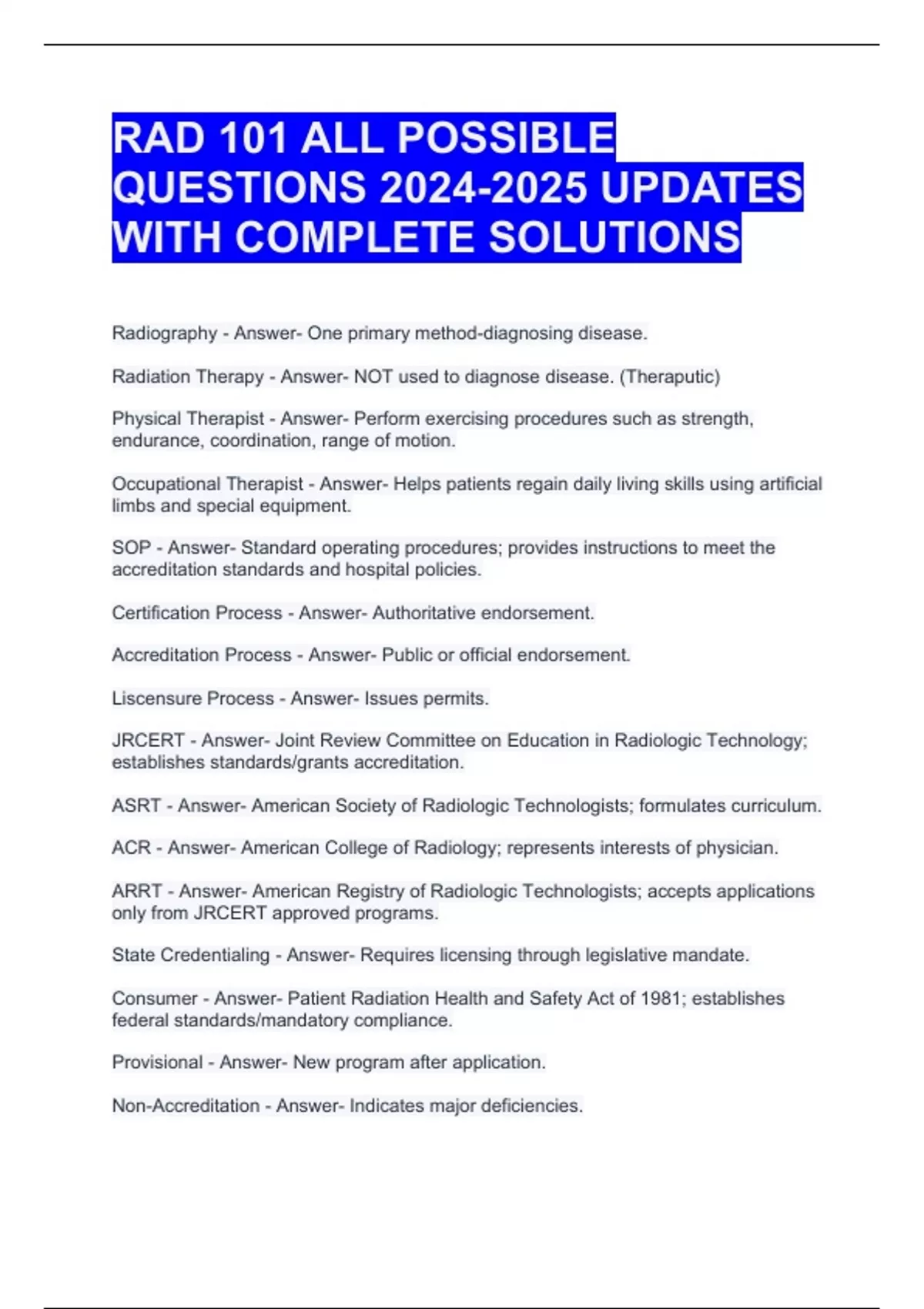 RAD 101 ALL POSSIBLE QUESTIONS UPDATES WITH COMPLETE SOLUTIONS - RAD ...