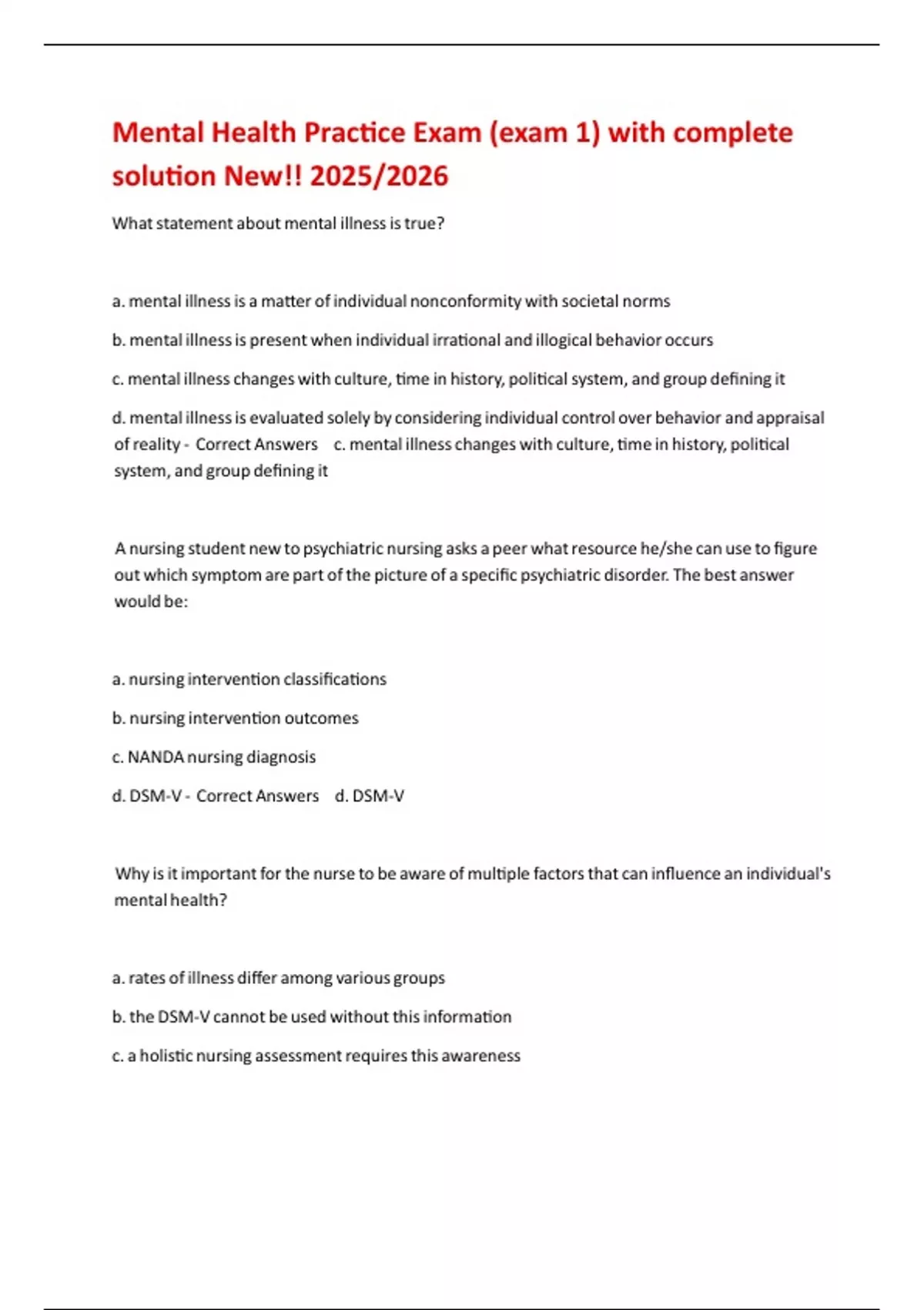 Mental Health Practice Exam (exam 1) with complete solution New!! 2025/ ...