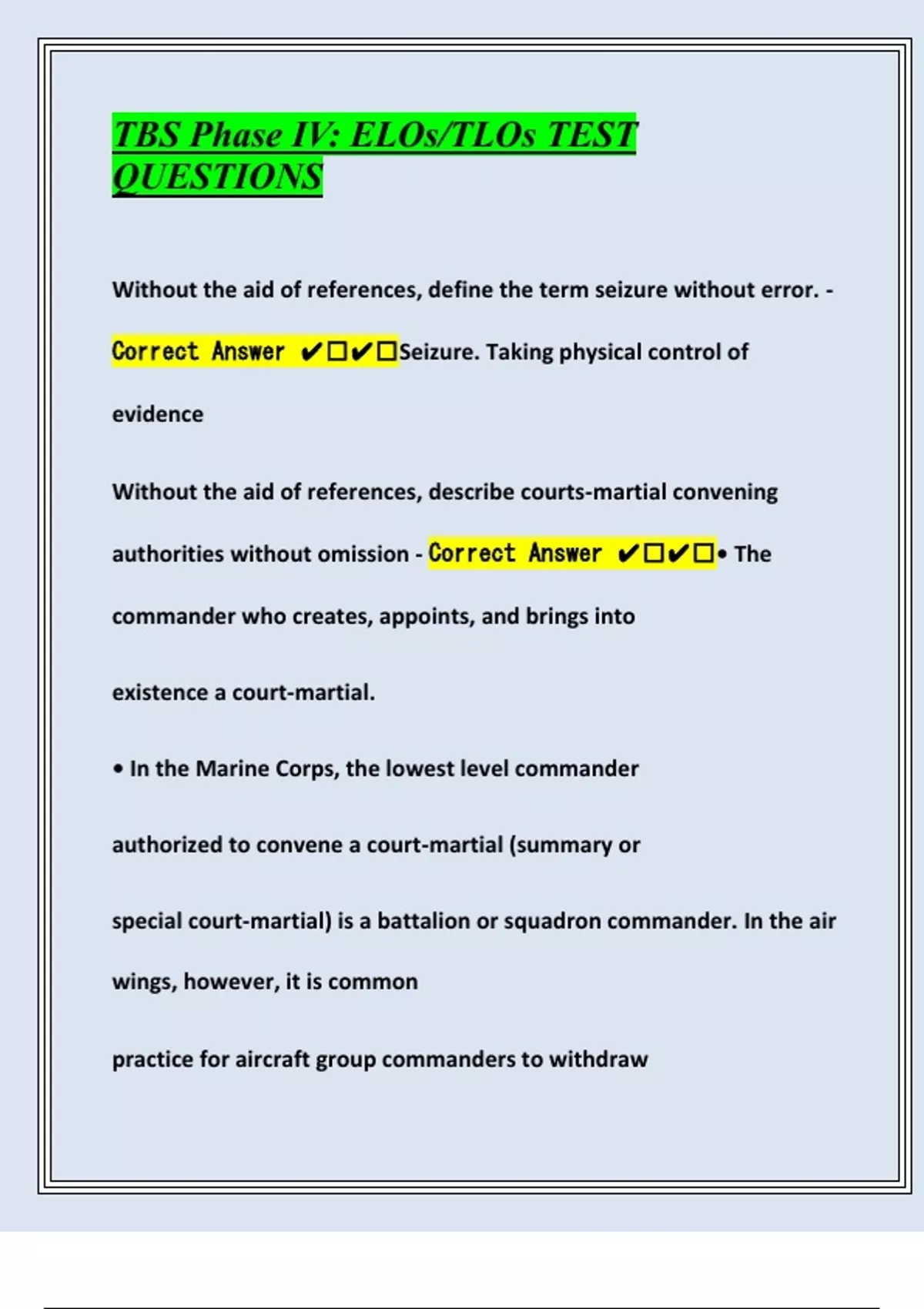 TBS Phase IV: ELOs/TLOs TEST QUESTIONS WITH CORRECT VERIFIED SOLUTIONS ...