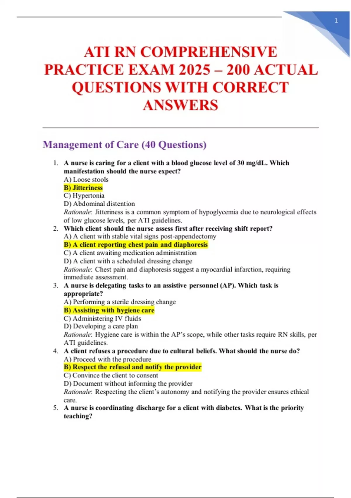 ATI RN COMPREHENSIVE PRACTICE EXAM 2025 – 200 ACTUAL QUESTIONS WITH ...