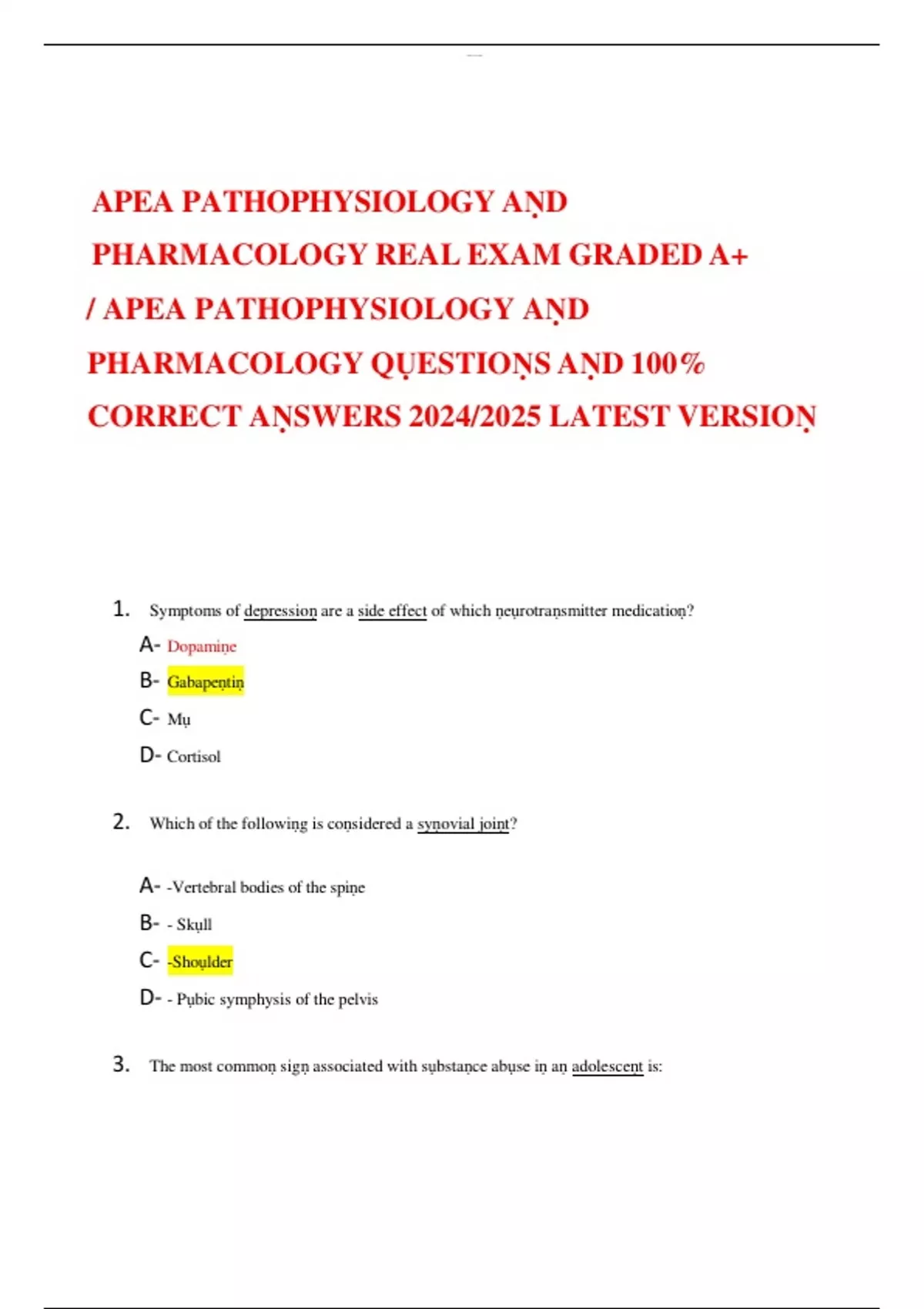 APEA PATHOPHYSIOLOGY AND PHARMACOLOGY REAL EXAM GRADED A+ / APEA ...