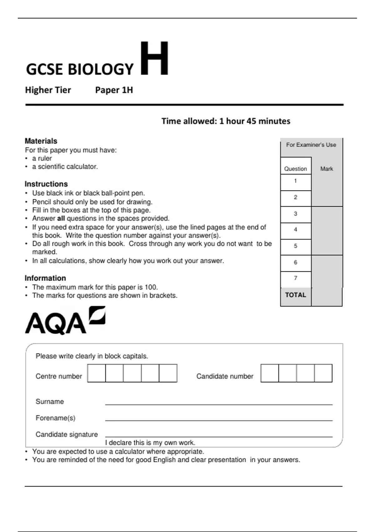 2025 AQA GCSE Biology Higher Tier Paper 1 - Biology - Stuvia US