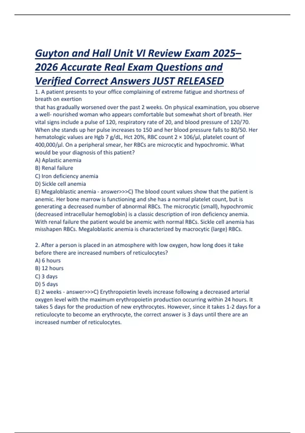 Guyton and Hall Unit VI Review Exam 2025–2026 Medical Physiology ...