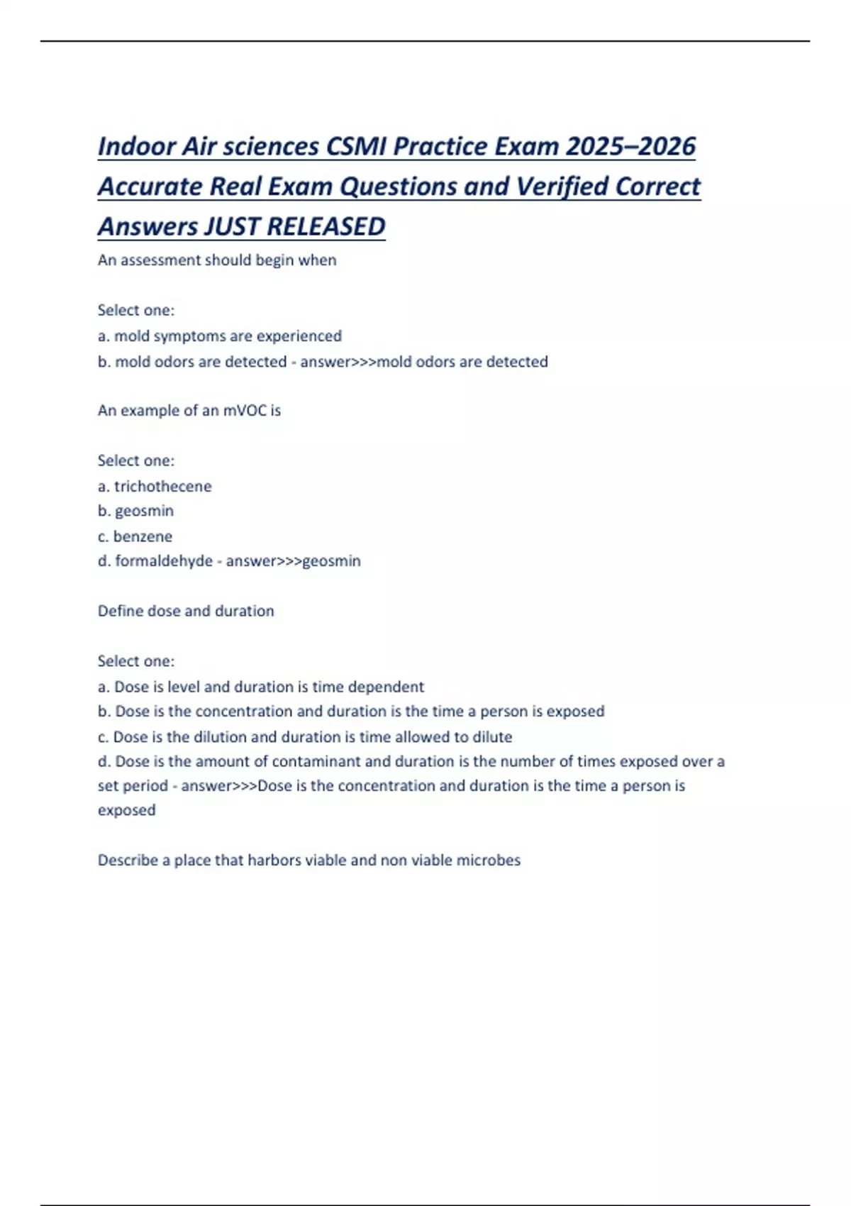 Indoor Air sciences CSMI Practice Exam 2025–2026 Certified Structural ...
