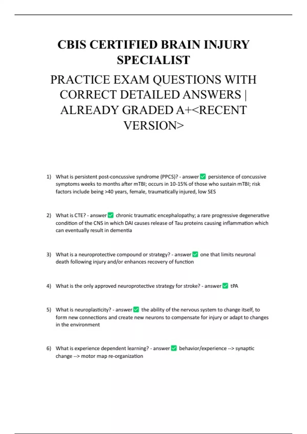 CBIS CERTIFIED BRAIN INJURY SPECIALIST PRACTICE EXAM QUESTIONS WITH ...