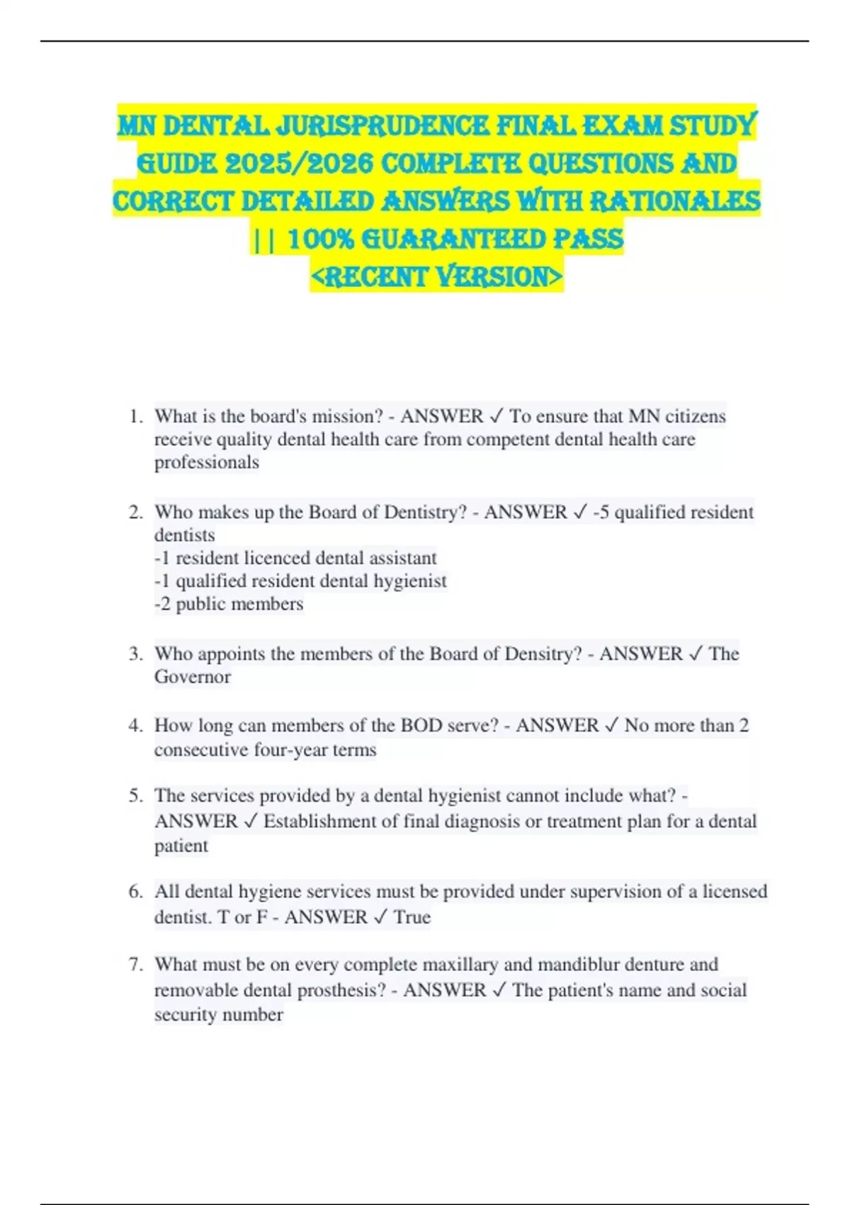 MN Dental Jurisprudence FINAL EXAM STUDY GUIDE 2025/2026 COMPLETE ...