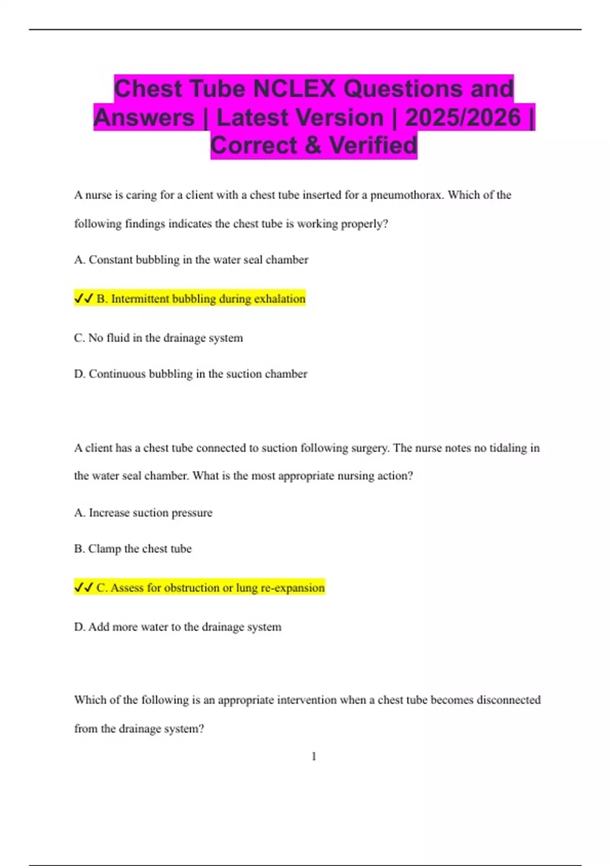 Chest Tube NCLEX Questions and Answers | Latest Version | 2025/2026 ...