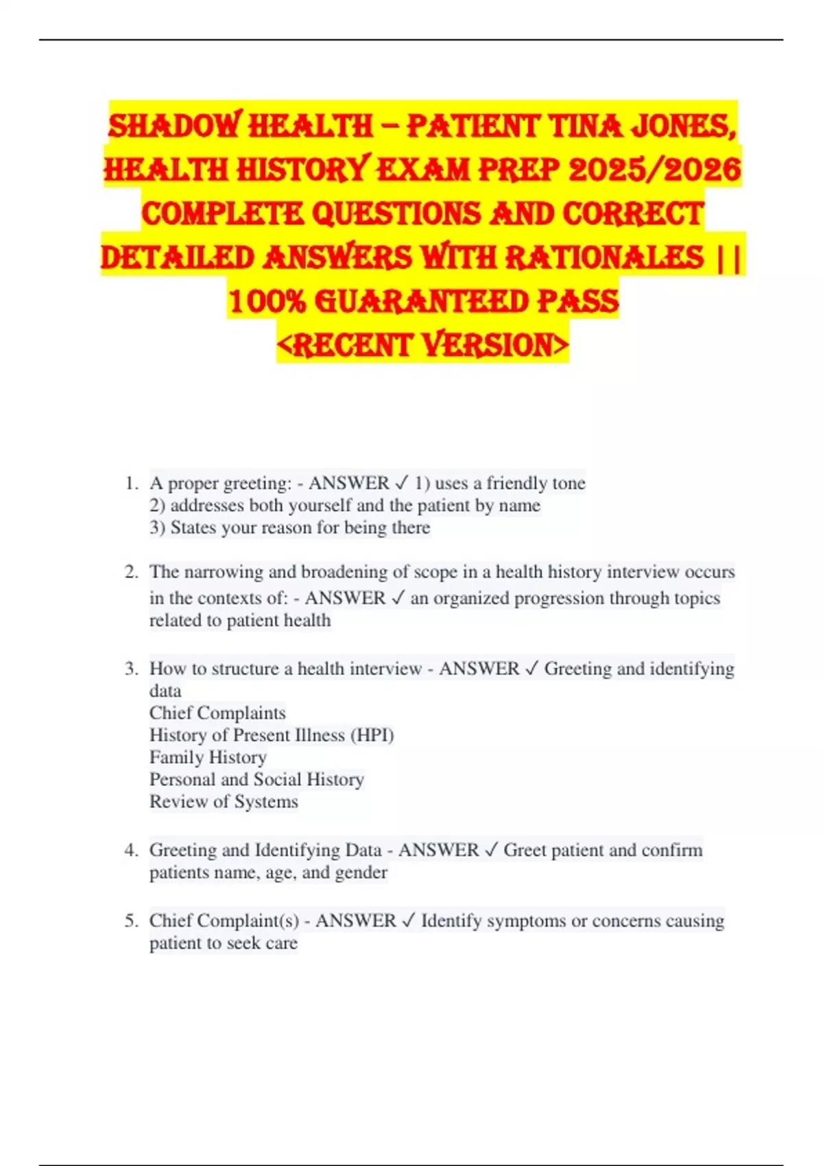 Shadow Health – Patient Tina Jones, Health History EXAM PREP 2025/2026 ...