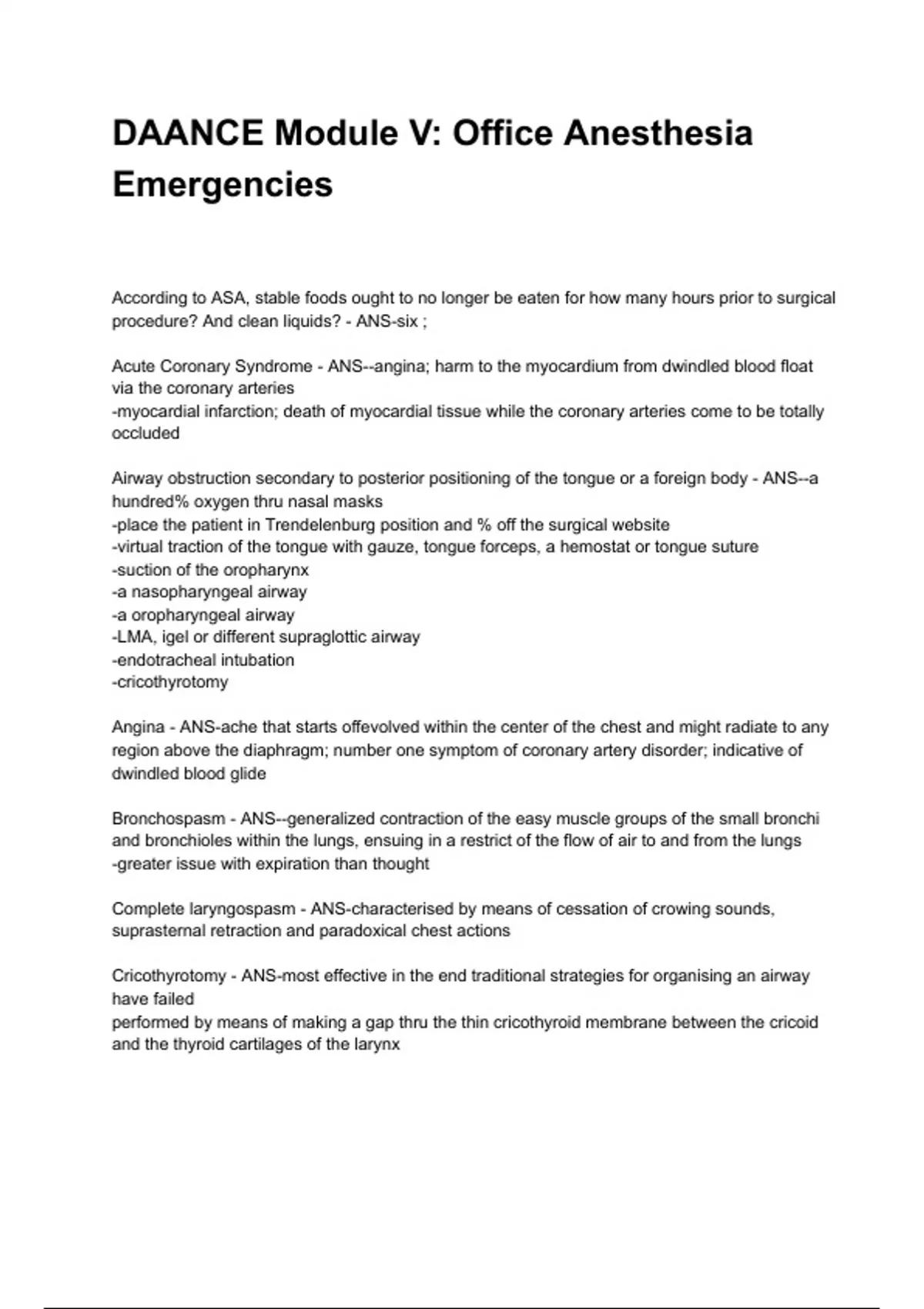 DAANCE Module V: Office Anesthesia Emergencies (2025/2026 NEWEST UPDATE) COMPLETE QUESTIONS AND ...