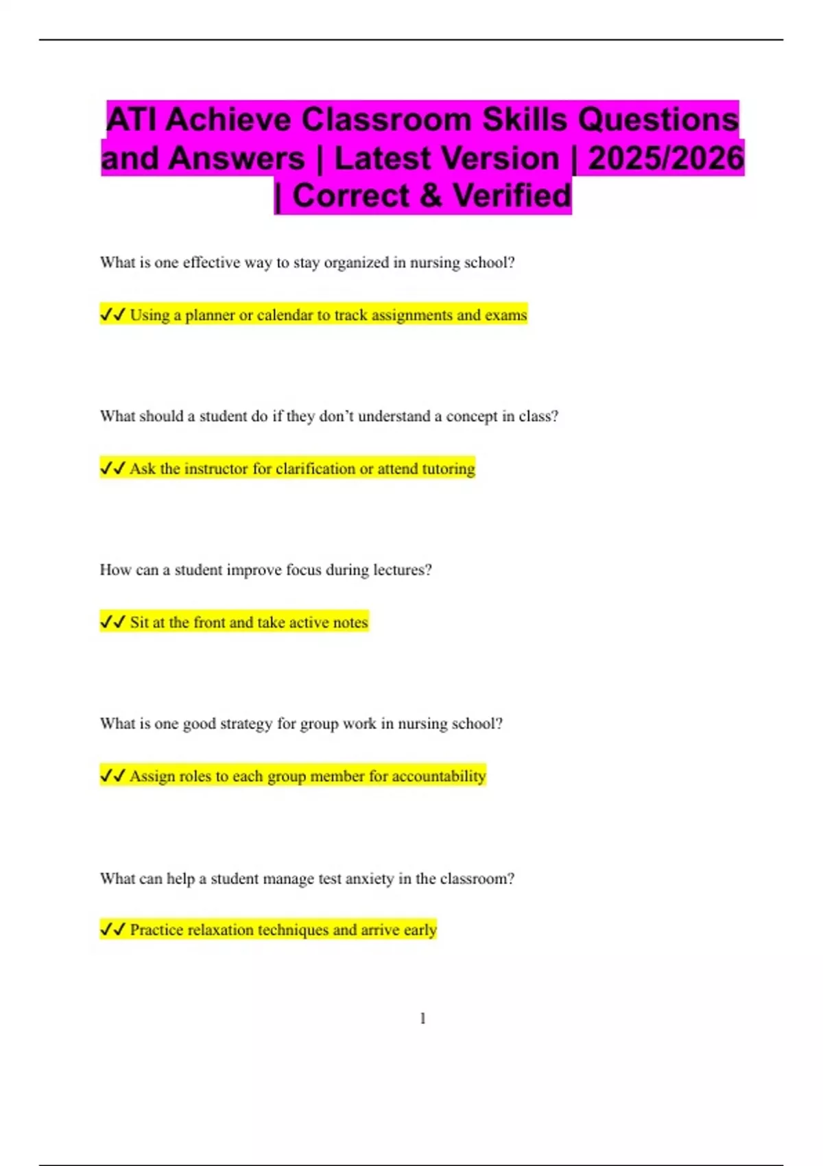 ATI Achieve Classroom Skills Questions and Answers | Latest Version ...
