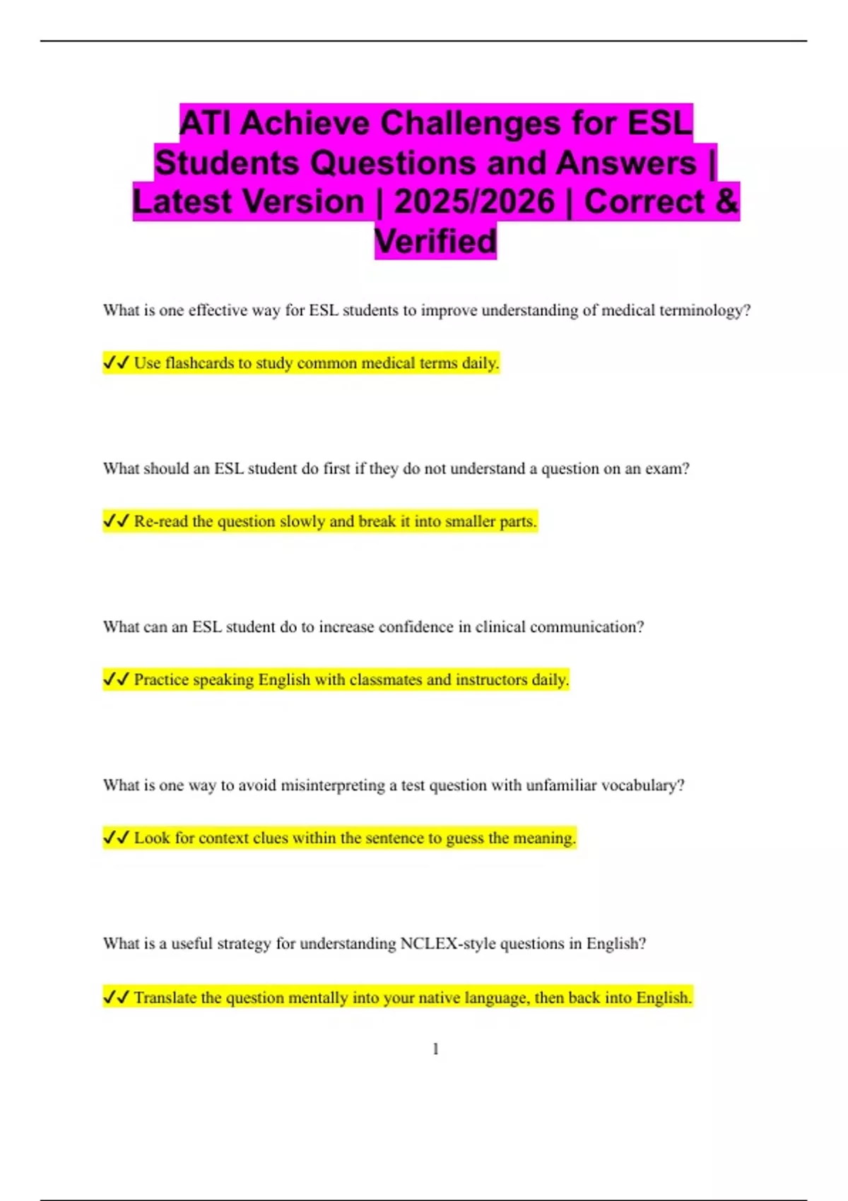 ATI Achieve Challenges for ESL Students Questions and Answers | Latest ...