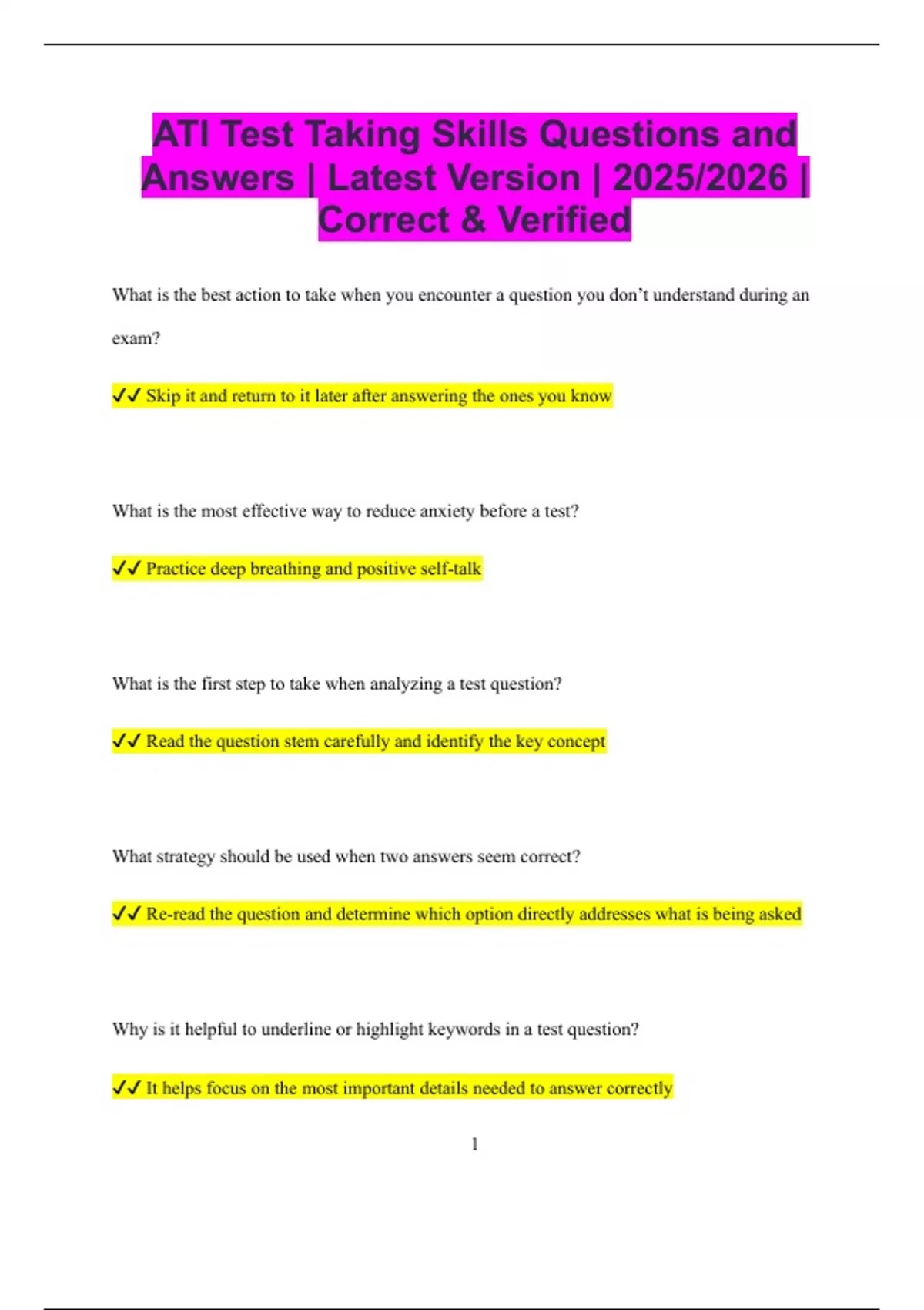 ATI Test Taking Skills Questions and Answers | Latest Version | 2025/ ...
